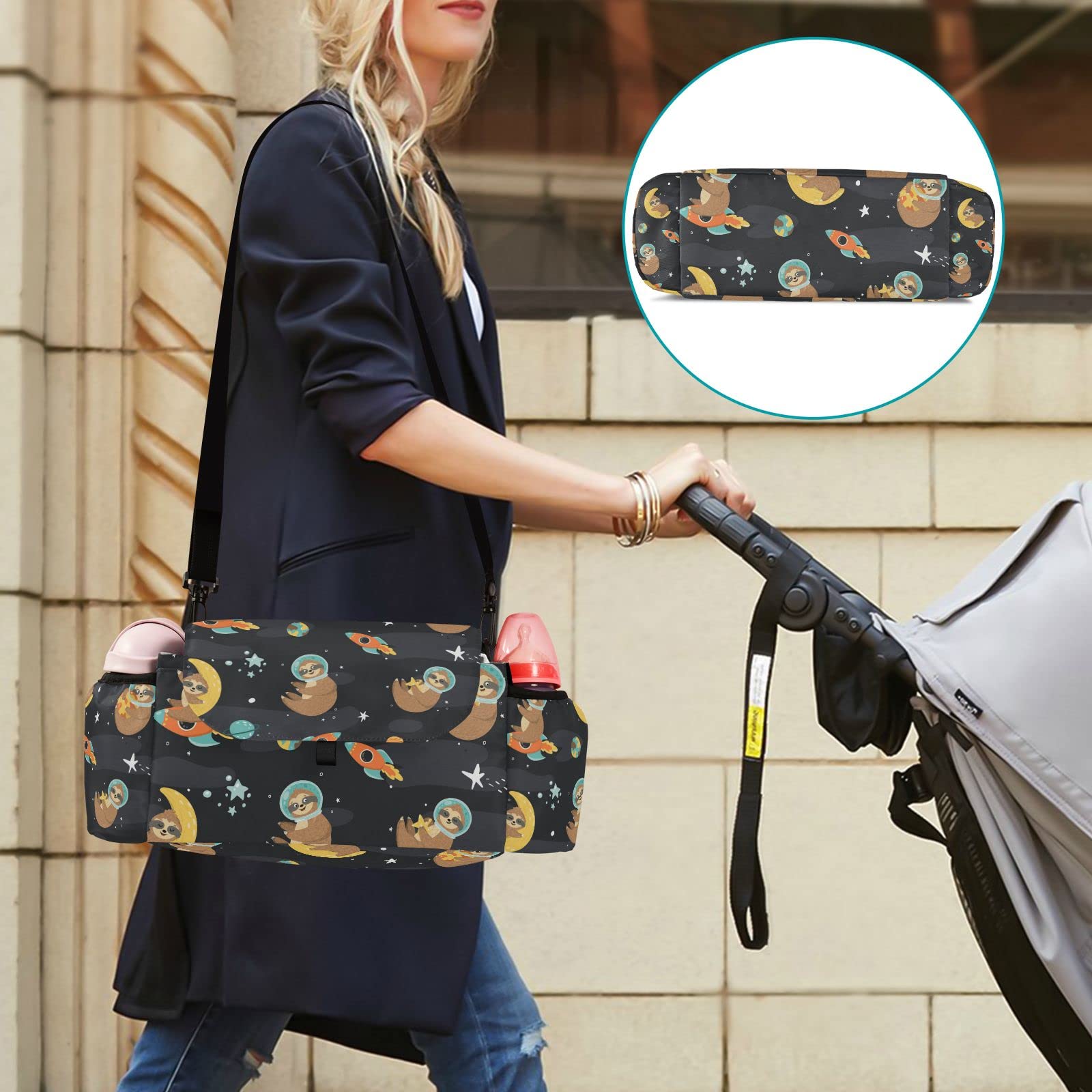 Sloth Astronaut Rocket Stroller Organizer with Cup Holder Universal Stroller Organizer Bag Detachable Shoulder Strap Stroller Accessories for Diaper Snacks Toys Keys Fit All Baby Stroller
