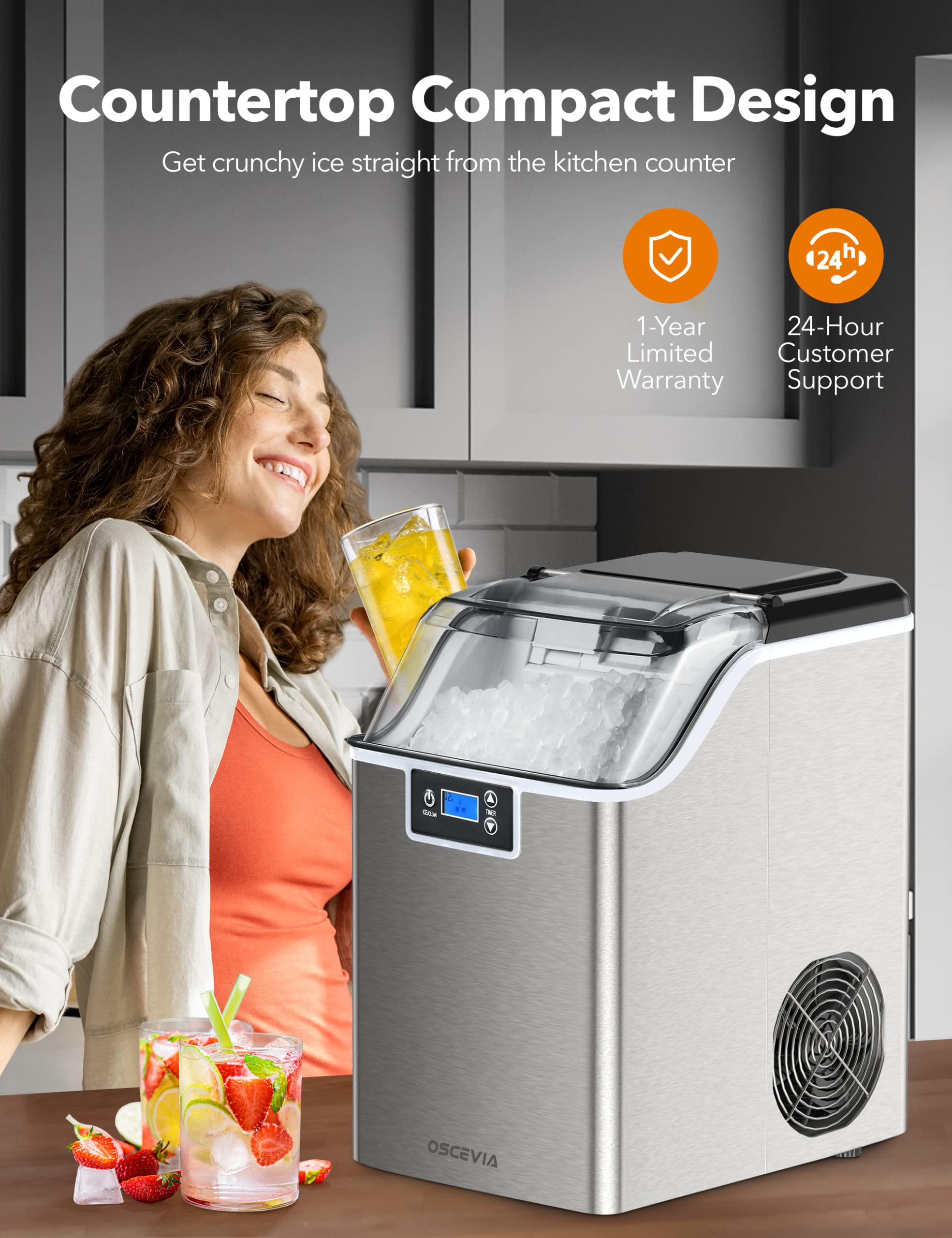 Nugget Ice Maker Countertop 44lbs, Pebble Ice Maker Machine, 15mins Ice-Making, Self-Cleaning, 4lbs Ice Backet, 2.2L Water Tank, Sonic Ice Maker for Home Office Bar Party