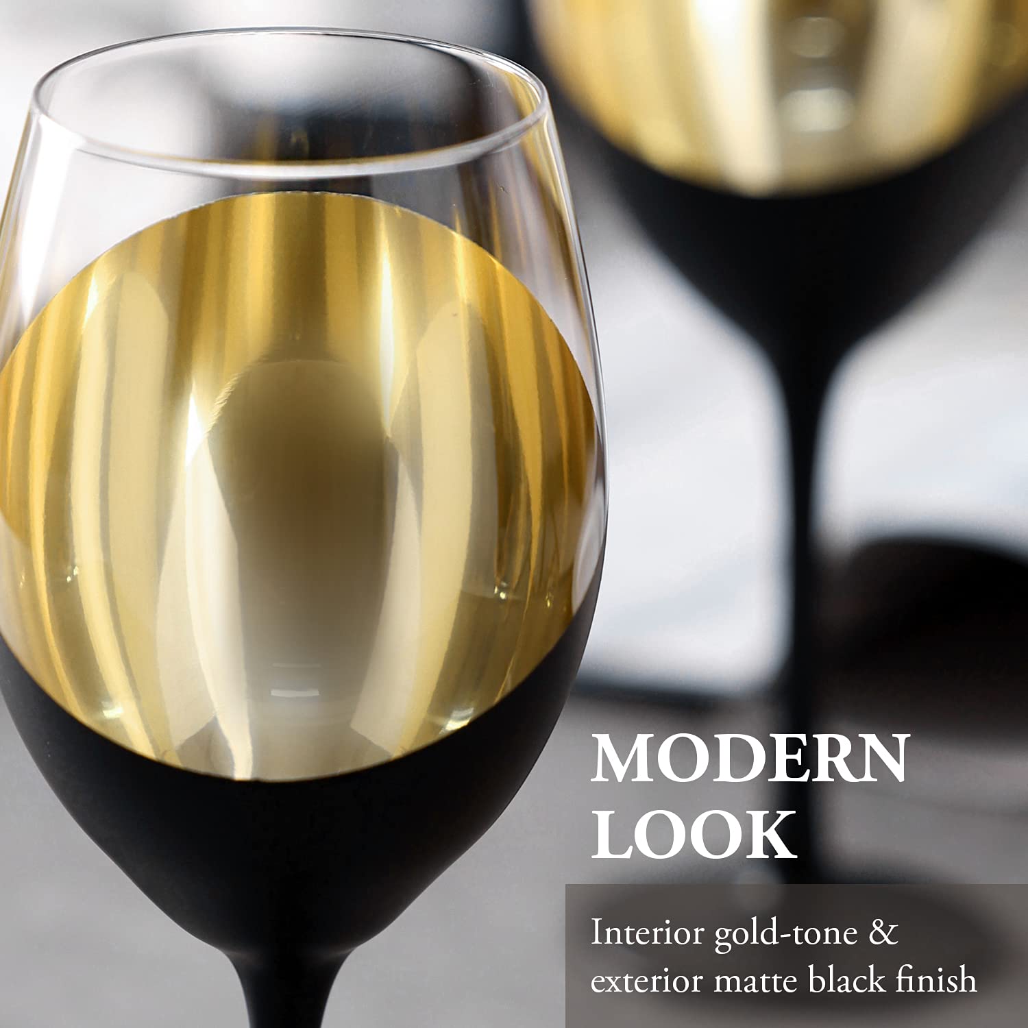 MyGift 14 oz Modern Matte Black & Gold Stemmed Titled Design Elegant Wine Glasses, Set of 4