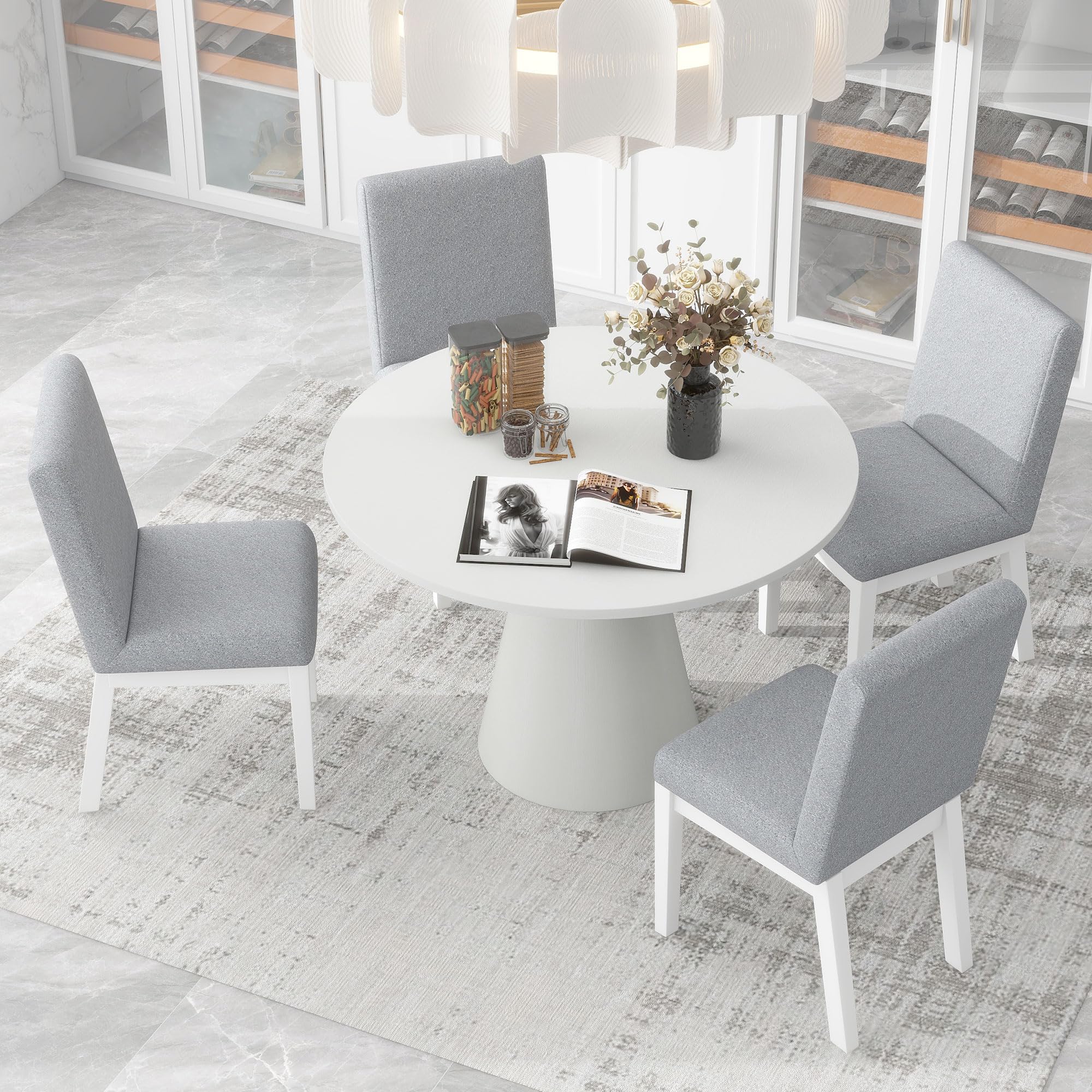 kevinplus 46.5'' Round Wood Dining Table for Living Room Dining Room Kitchen, Modern Circle Dining Kitchen Table for 4-6, Contemporary Living Room Dining Room Table Furniture (φ46.5"x30.2", White)