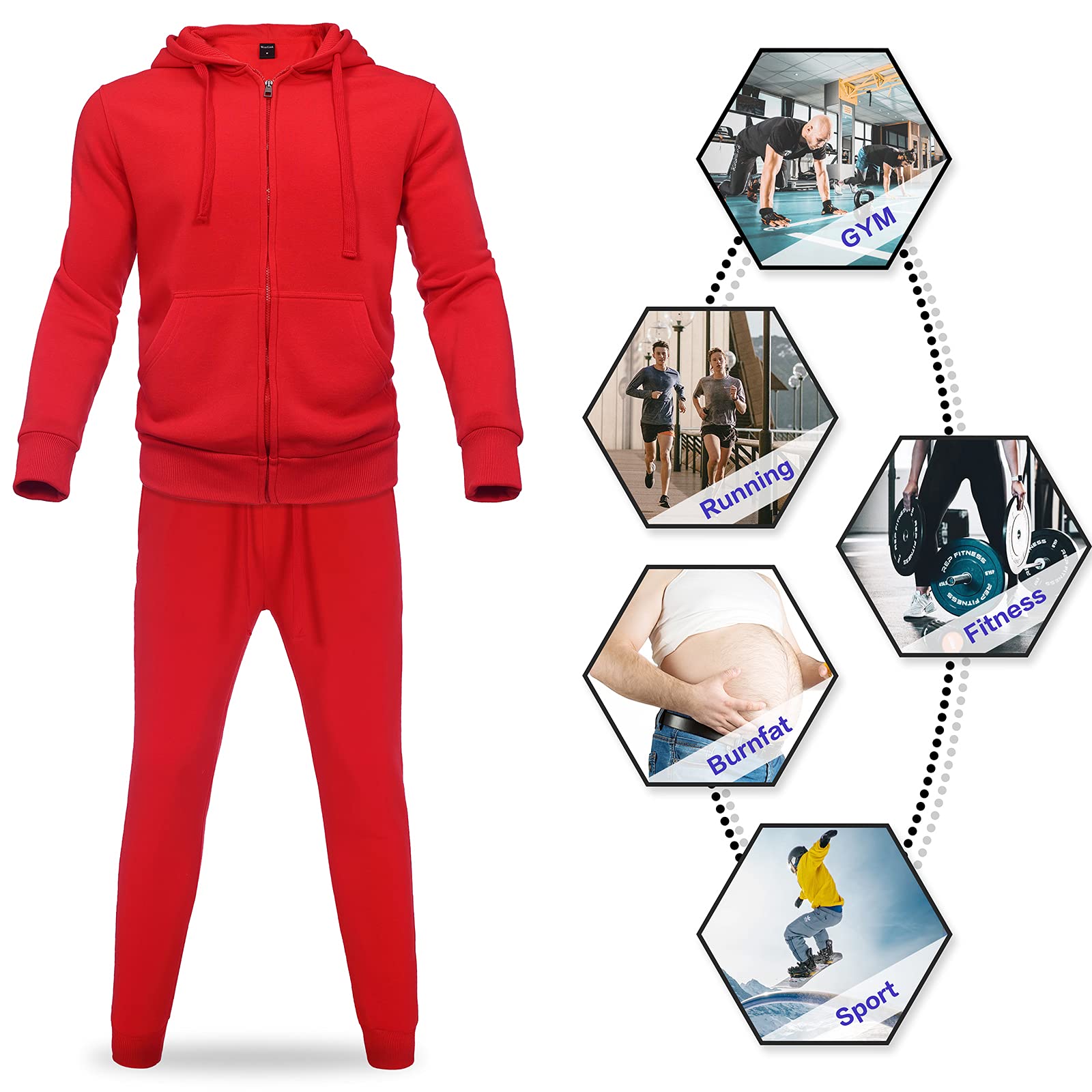 Mens Tracksuits Set Athletic Long Sleeve Full Zip Jogging Suit 2 Piece Fleece Hooded Casual Sports Drawstring Sweatsuits for Men(Red,XXL)