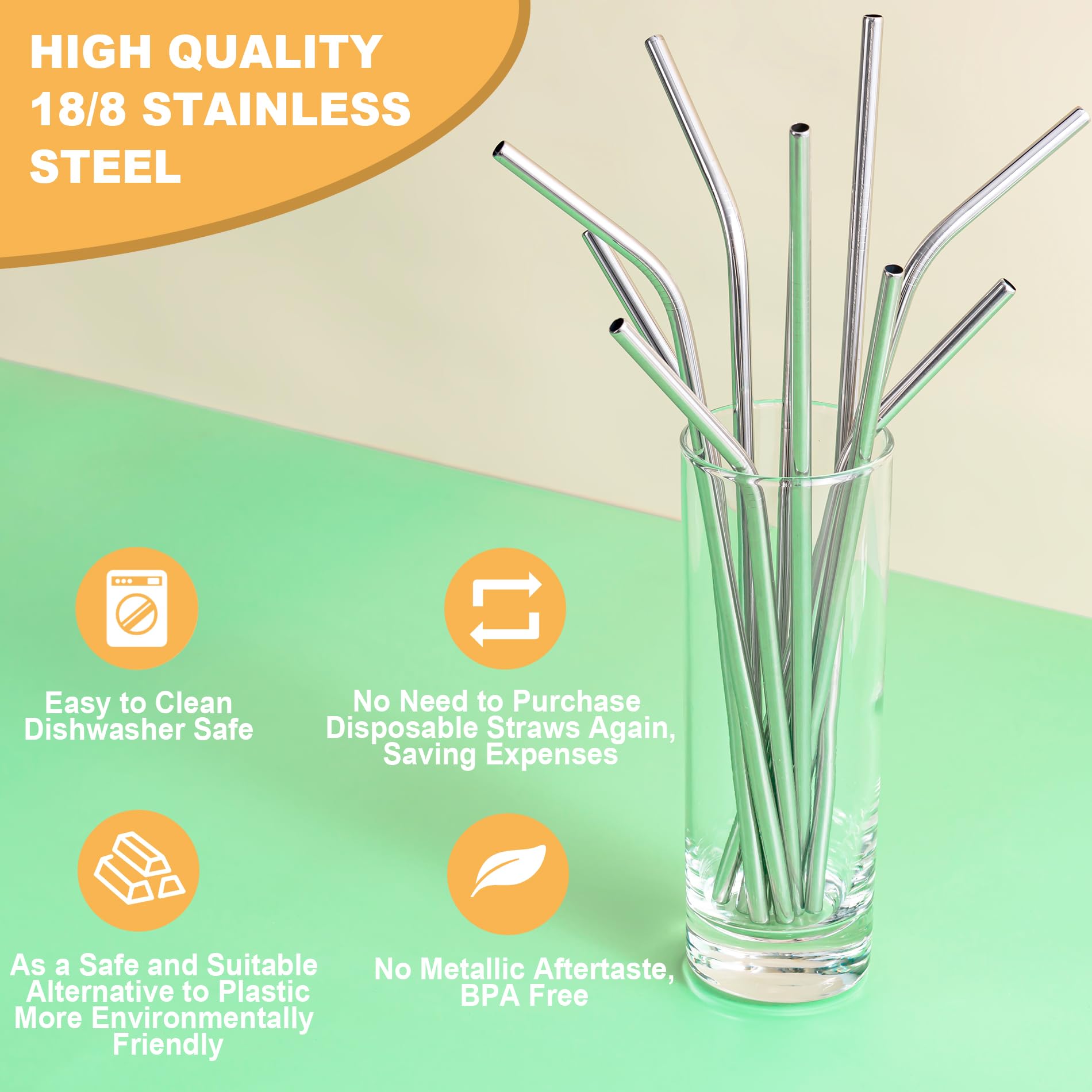Reusable Stainless Steel Straws -16 Pack 10.5" & 8.5" Reusable Straws with 4 Straw Cleaner Brush and 16 Silicone Tips with 1 Travel Case, Eco Friendly Extra Long Metal Straws for 20 24 30 oz Tumbler