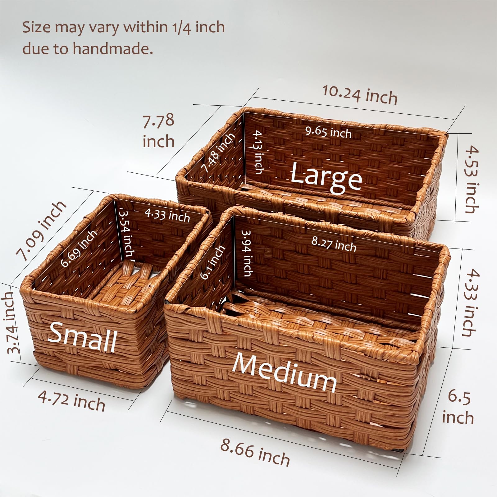MaraFansie Wicker Storage Baskets Wicker Baskets for Shelves Recycled Plastic Storage Bin for Cupboards Drawer Closet Shelf, Waterproof Nesting Lined Caramel, Set of 3