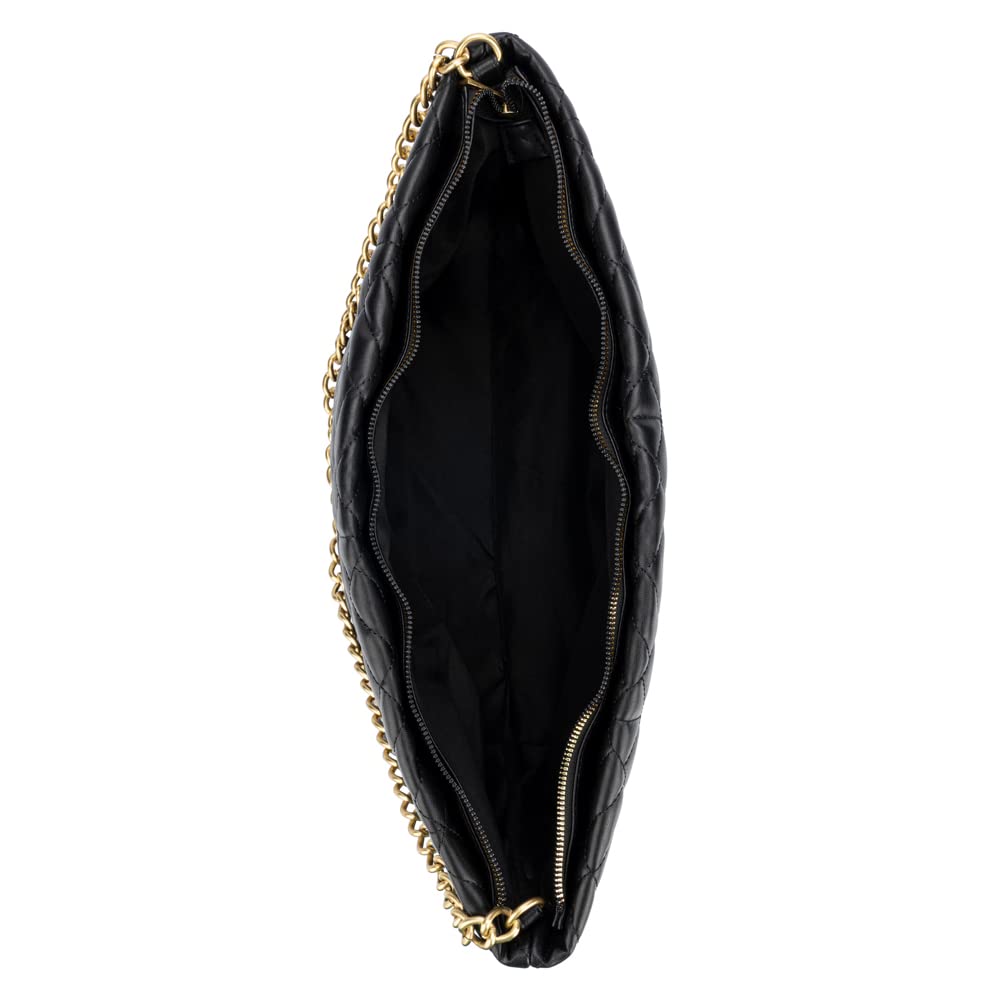 Olivia Miller Women's Fashion Mina PVC Quilted Black Shoulder Tote Bag w Chunky Gold Chain Strap, Medium Weekender Casual Purse Handbag