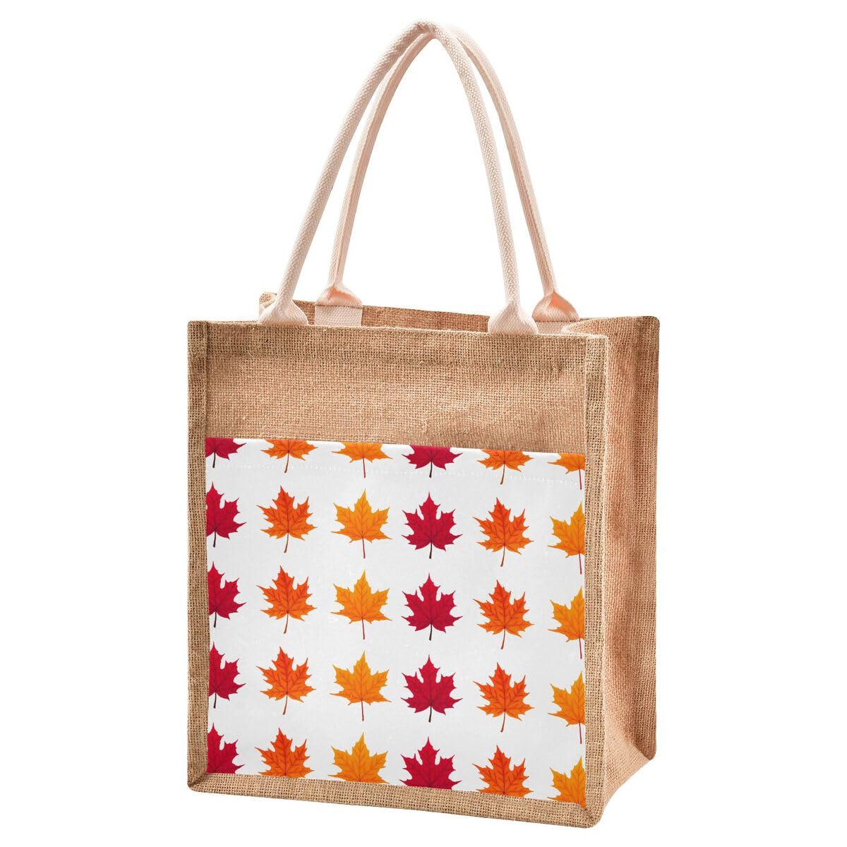 Jute Burlap Tote Bag Maple Leaves Simple Hand Drawn Autumn Fall Thanksgiving Day Orange White Large Capacity Reusable Grocery Shopping Storage Bag