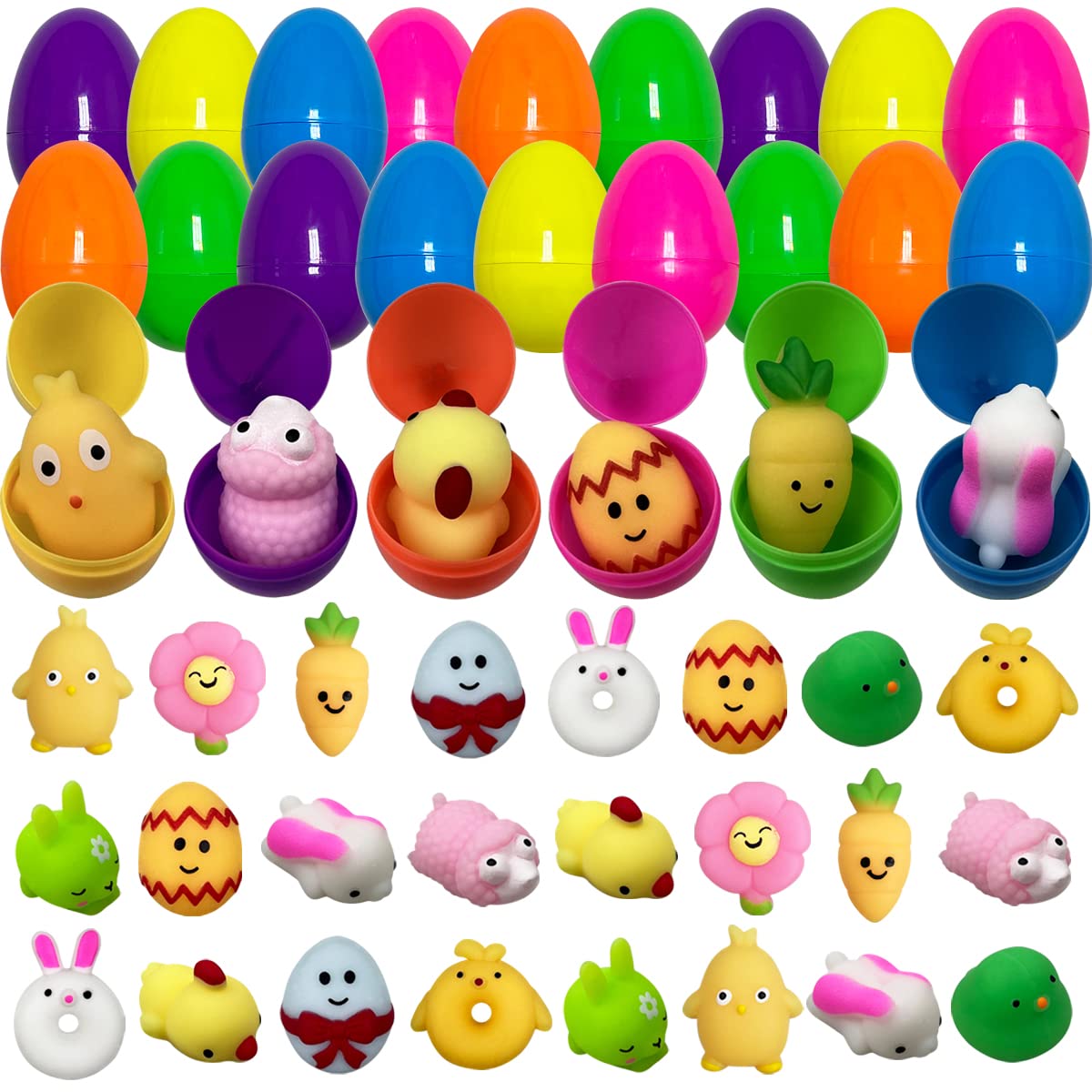 Pinkiwine 24 Pack Plastic Prefilled Easter Eggs with Easter Mochi Squishy Toys Inside for Kids Boys Girls Toddlers Easter Basket Stuffers Gifts Egg Fillers