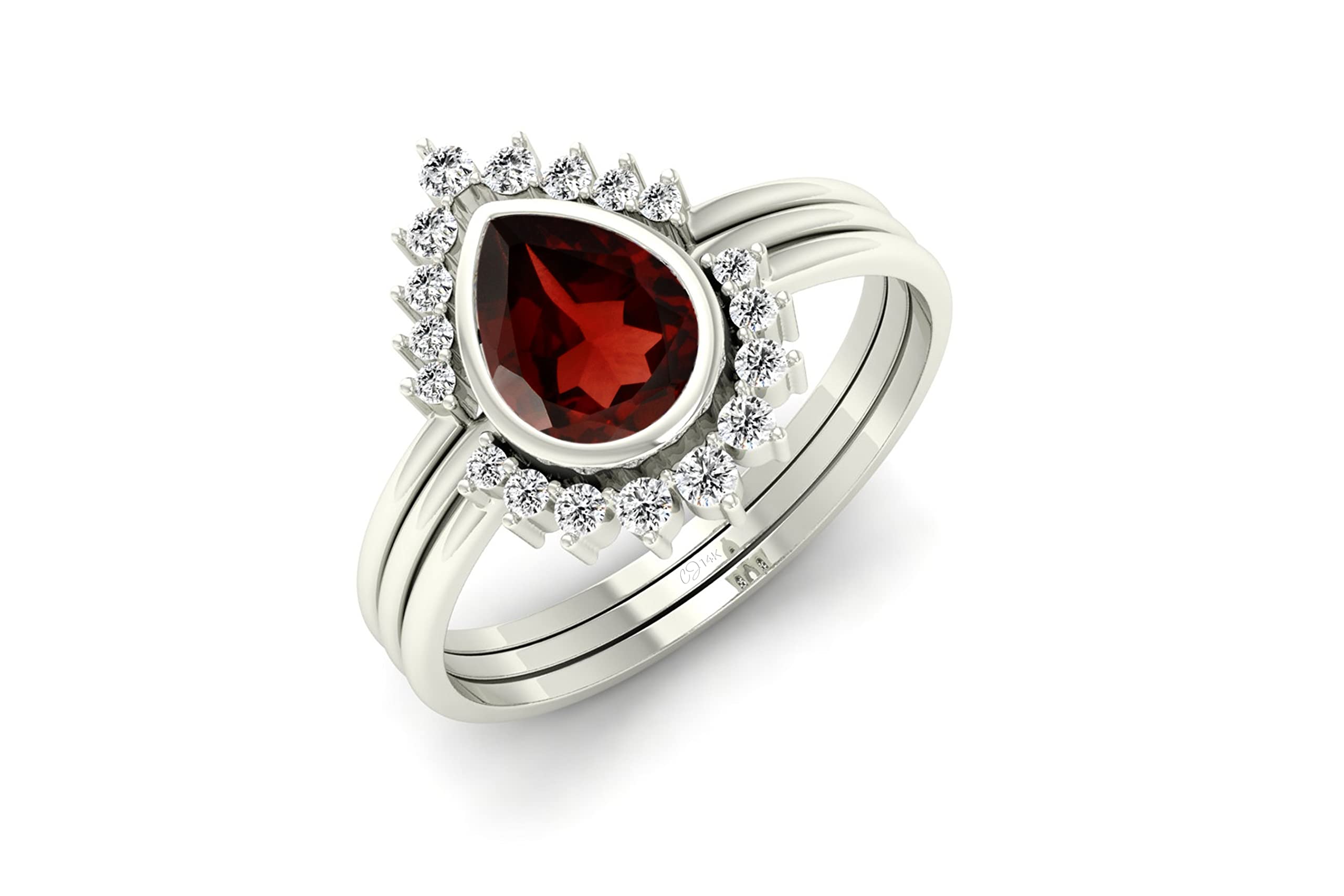 mirahi by chordia jewels Diamond Stackable Ring 14K White Gold, Solitaire Teardrop Garnet Engagement Ring, Bridal Sets Wedding Rings with Ring Size 7.5