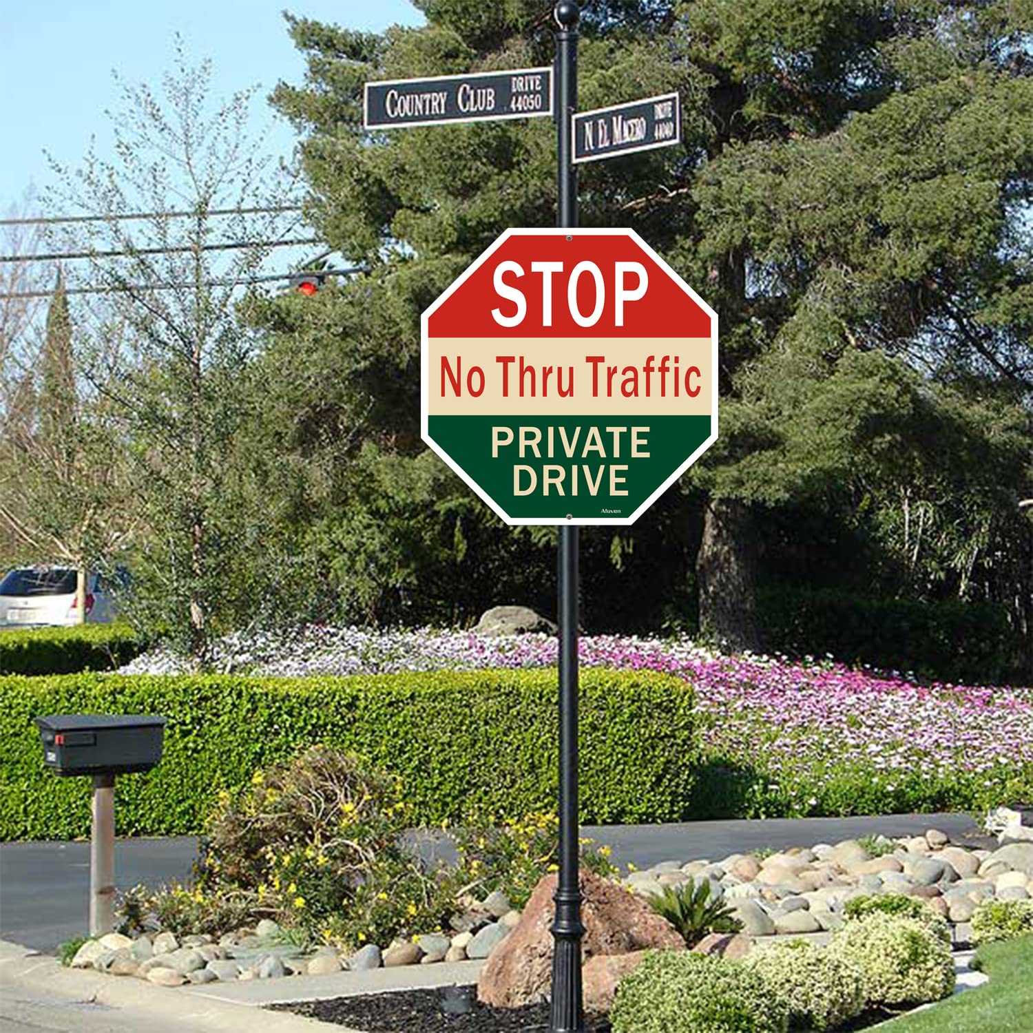 Stop No Thru Traffic Private Drive Sign 12" x 12" Private Driveway Sign Metal Reflective No Thru Traffic Sign Rust Free Aluminum Stop Sign UV Protected Waterproof Outdoor Use 2 Pack