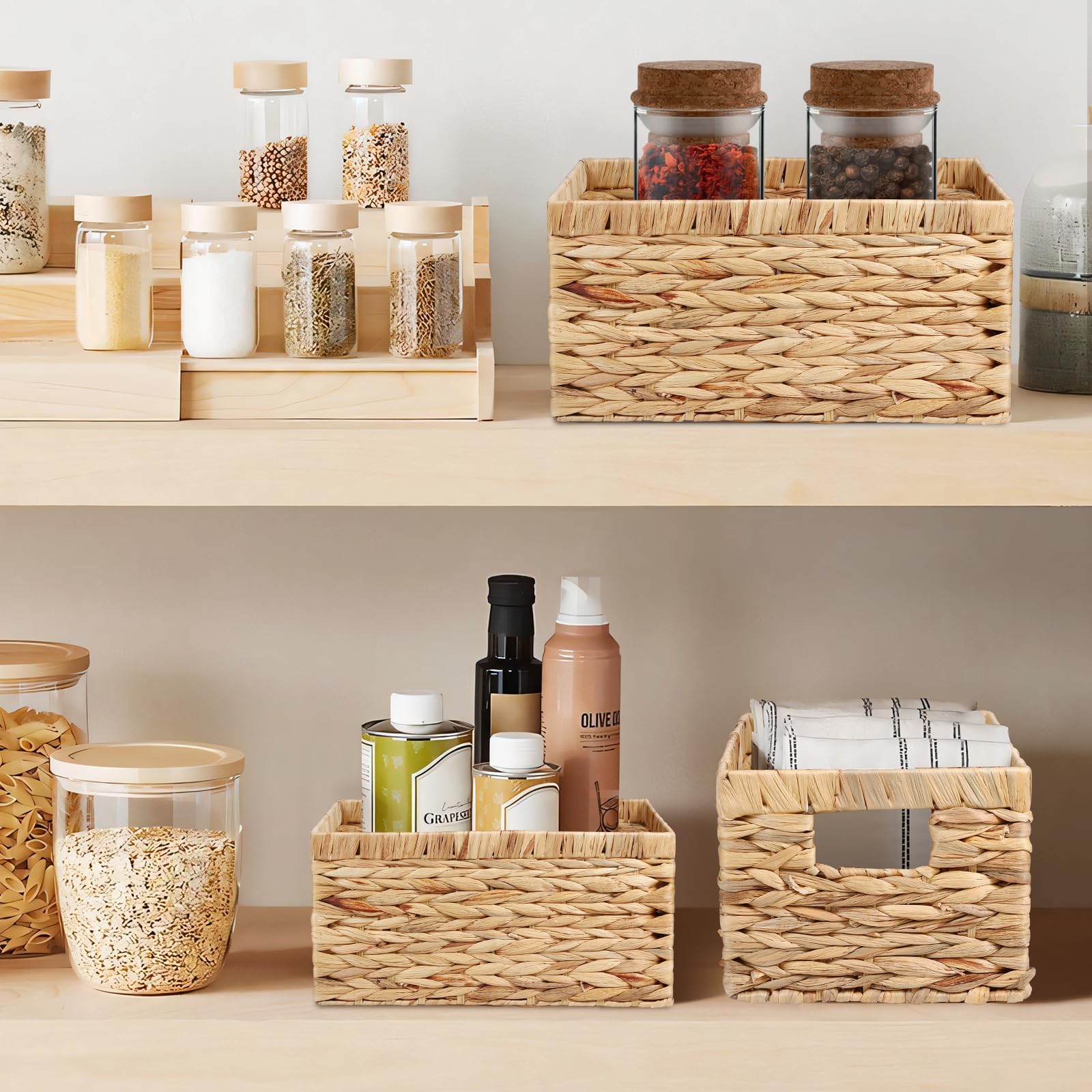 Wicker Baskets for Storage Organizing - 3 Pack Large Wicker Bins & Medium Water Hyacinth Storage Baskets with Small Hand Woven Baskets for Home Organization Pantry Shelf