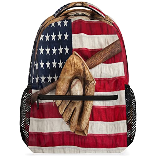 Vintage Baseball Bat Larger Backpack School Bookbag for Kids Boys Girl, American Flag Travel Laptop Backpacks Book Bag Hiking Camping Daypack