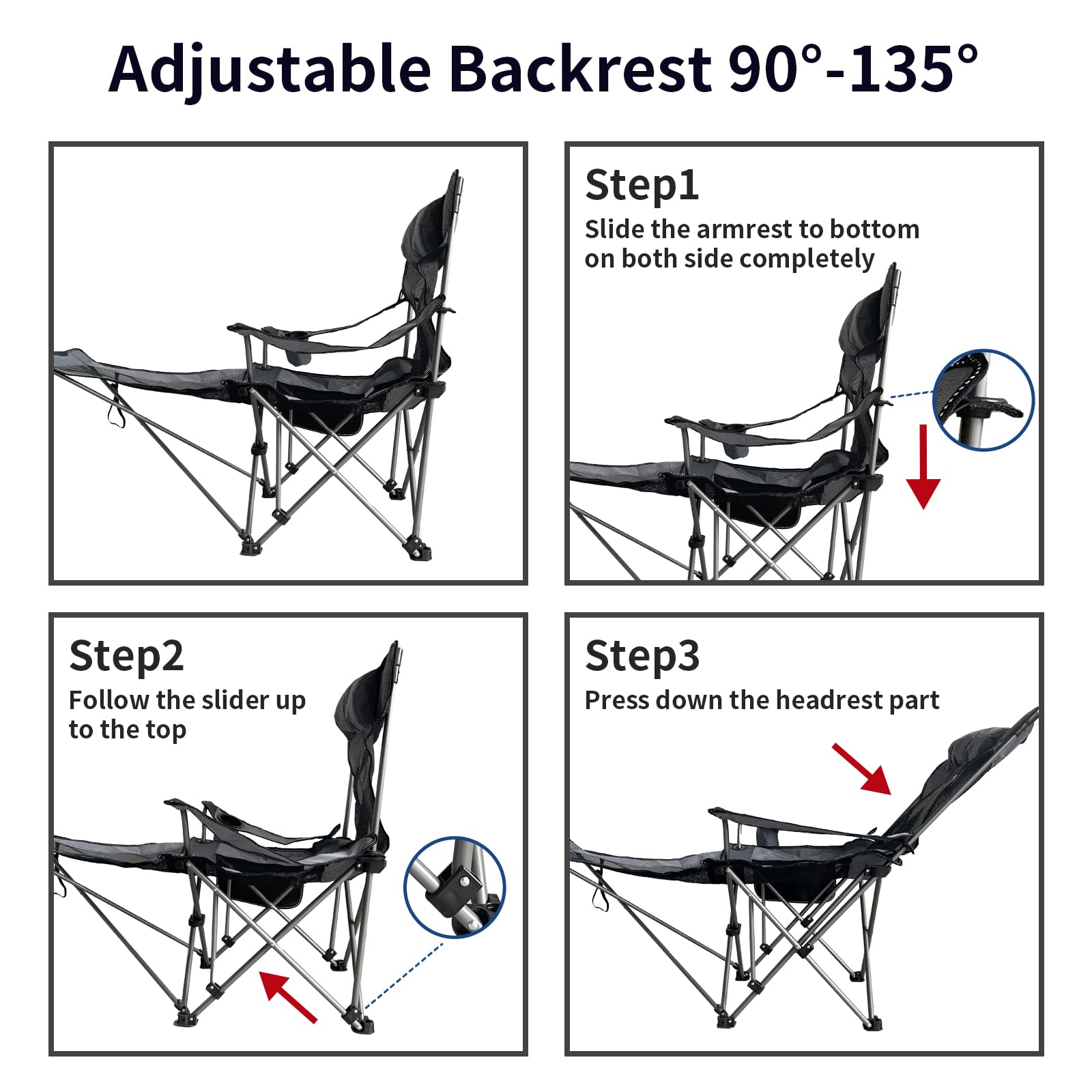 MYCOQU Camping Lounge Chair, Oversized Folding Reclining Camping Chair, Portable Recliner with Footrest, Carry Bag and Cup Holder, 320 Ibs Weight Capacity(Grey)