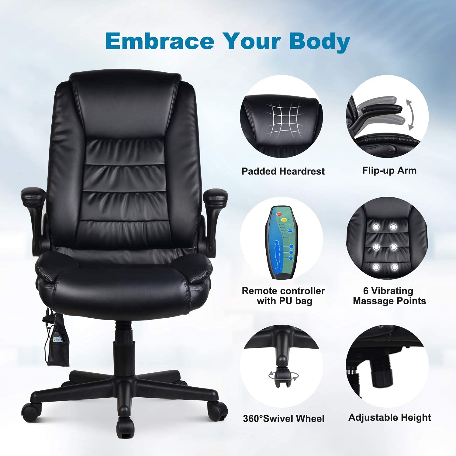 LENTIA Massage Office Chair High Back Executive Chair Ergonomic Leather Computer Desk Chair with 6 Vibrating Point, Black (27.16" W × 28.34" D × 41.73-45.74" H)