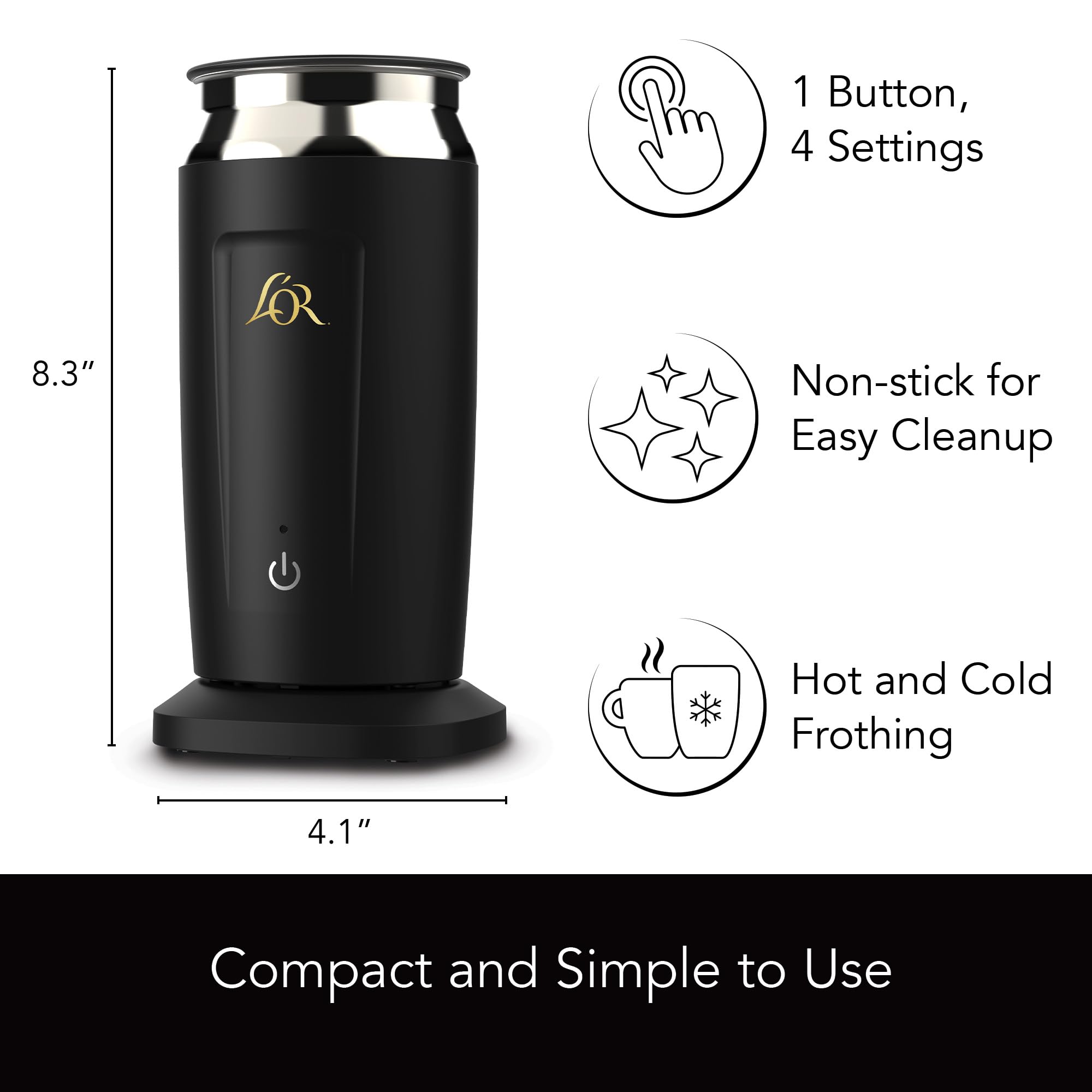 L'OR Barista Milk Frother and Steamer, Automatic Hot and Cold Foam Maker and Milk Warmer, 8.5oz/250ml, Black