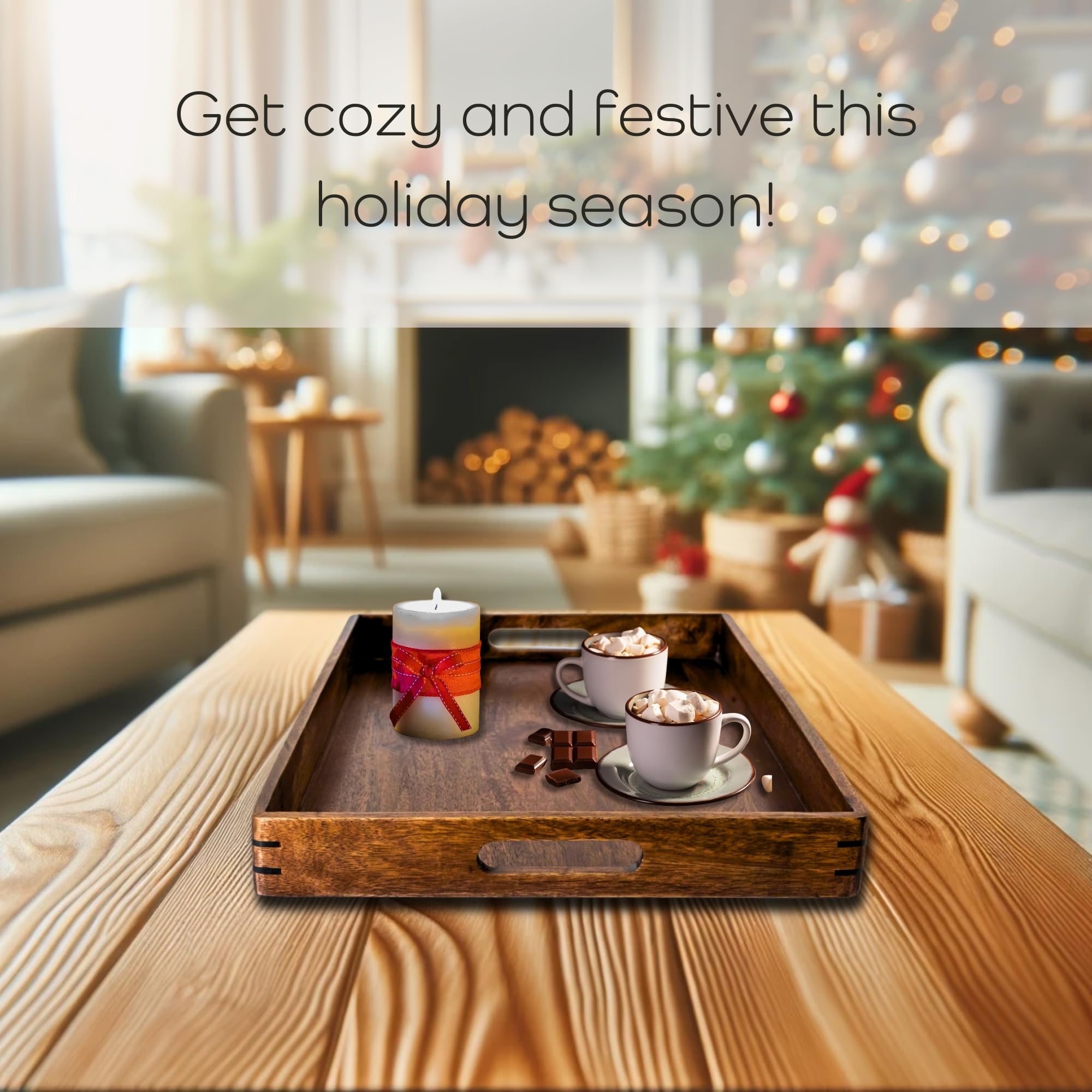 Otucha Large Ottoman Tray 20x14 - Stylish Coffee Table Tray for Living Room, Extra Large Serving Tray for Ottoman, Decorative Wooden Tray for Home Decor & Coffee Bar Accessories (Dark Brown)