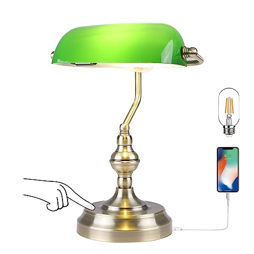 Liylan Green Glass Bankers Desk Lamp,Vintage Desk Lamp Touch Control, 3 Way Dimmable Table Lamp with USB Charging Port, Mid Century Banker's Desk Lamp for Home Office Library Antique Brass