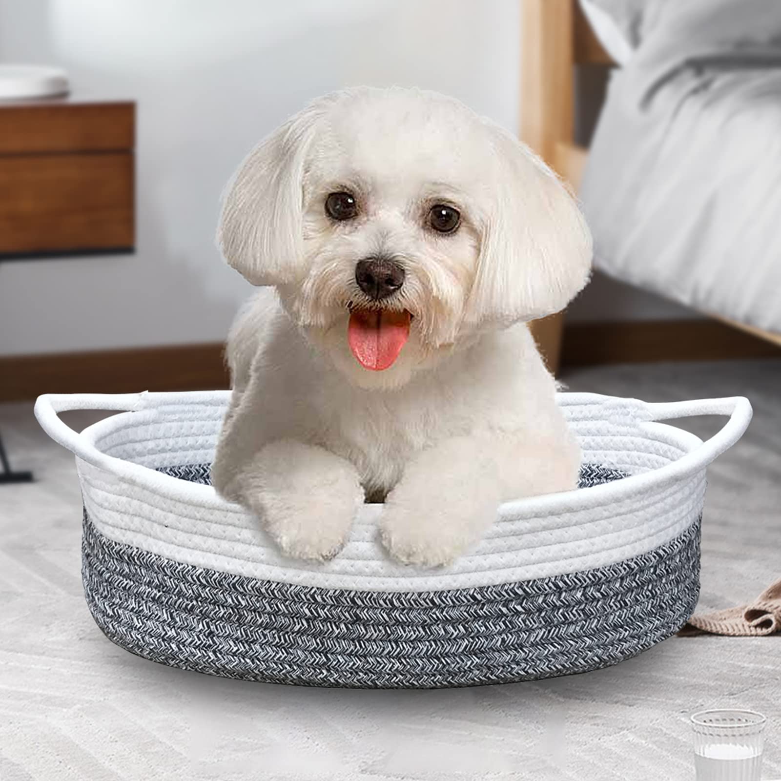 Small Woven Basket Cute Rope Basket Cotton Basket Baby Room Storage Basket Dog Toy Basket with Handles Empty Gift Basket for Shelf 13.2"x 8" x 5" Easter Basket Oval Empty Gift Basket (Grey White)