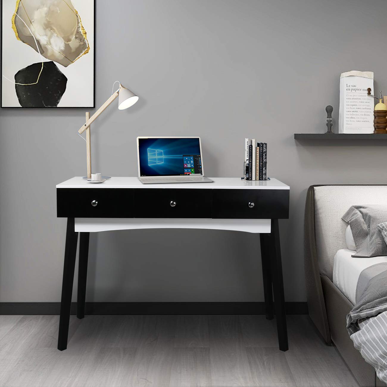 JIASTING 39.37 inch Home Office Writing Desk Station with 5 Drawers 2 Organizer, Removable Floating Hutch (Black&White)