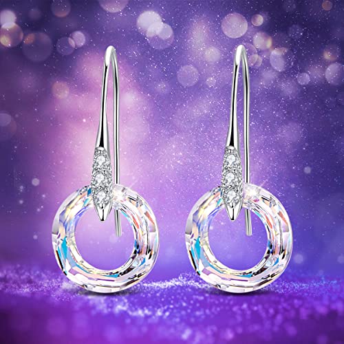 Malanda 925 Sterling Silver Circle Drop Earrings for Women Swarovski Crystal Hook Dangle Earrings Birthday Jewelry Gift for Mom (Crystal Aurora Borealis)