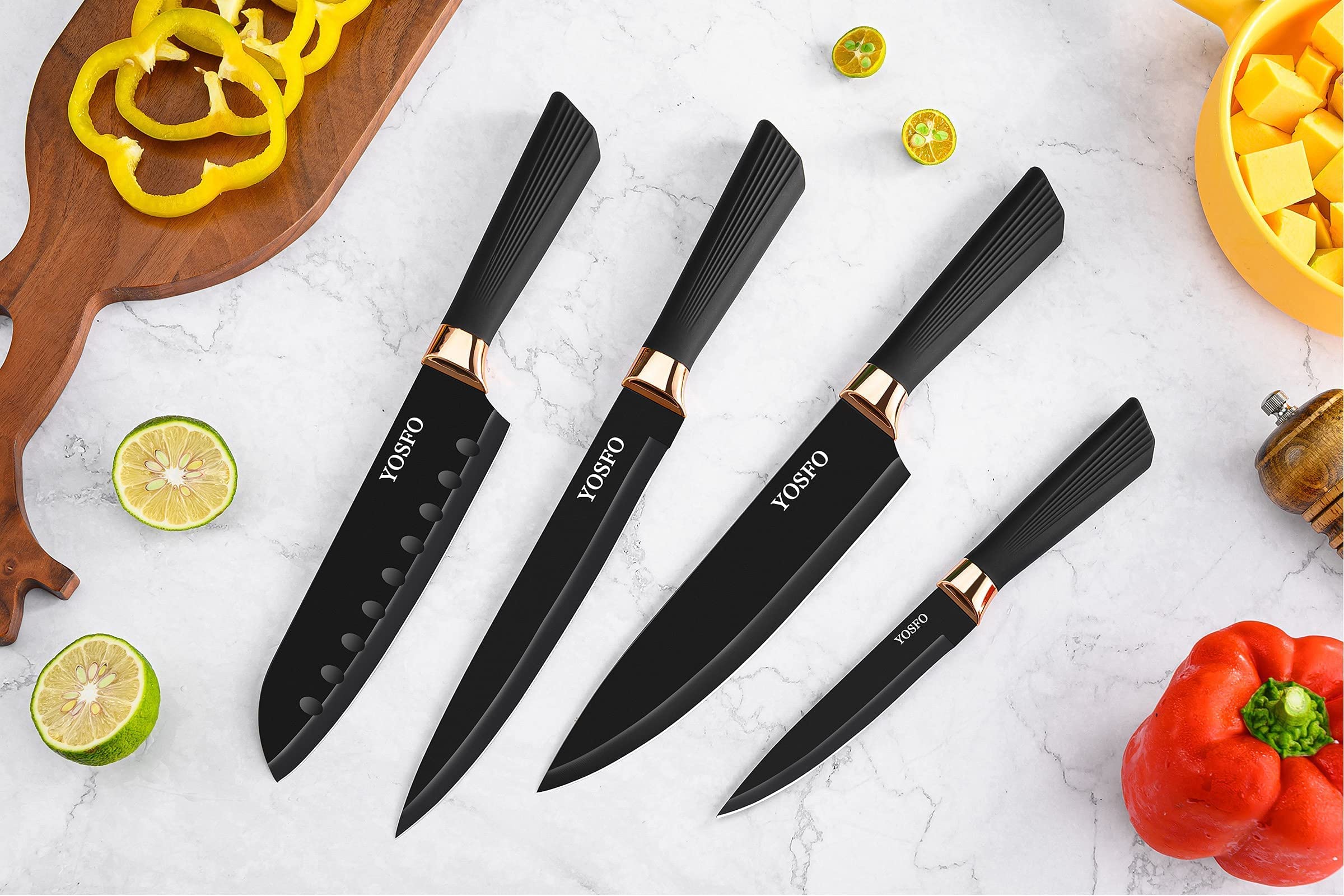 Knives Set with Acrylic Stand, 17Pcs Stainless Steel Knife Block Set includes Serrated Steak Knives Set, Chef Santoku Knives, Scissor, Sharpener and Knife Holder (Black Knife Set with Block)