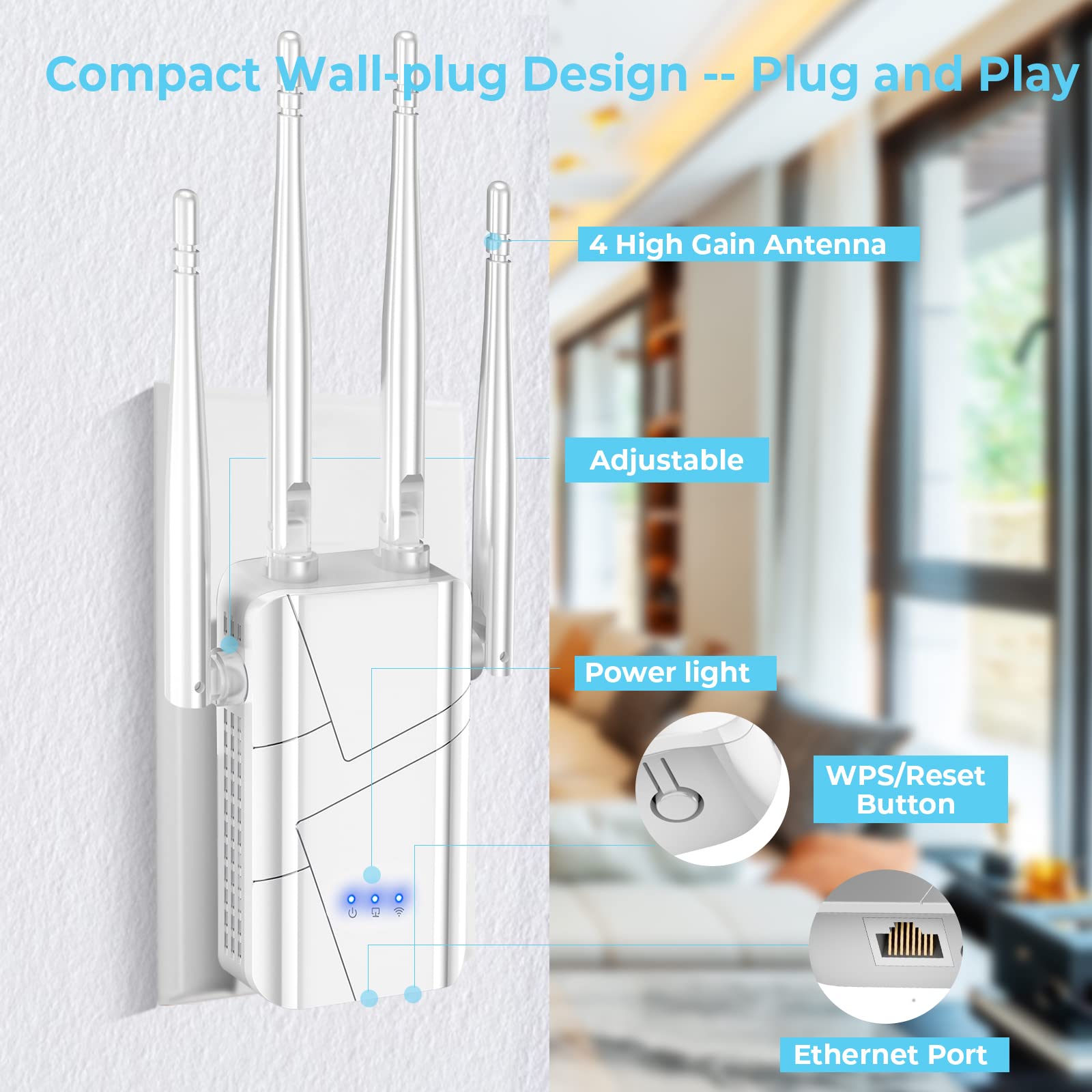 Wifi Extender, 2023 Upgraded Internet Signal Range Booster up to 8000 sq.ft & 40 Devices- Wifi Boosters with Ethernet Port - Easy Setup