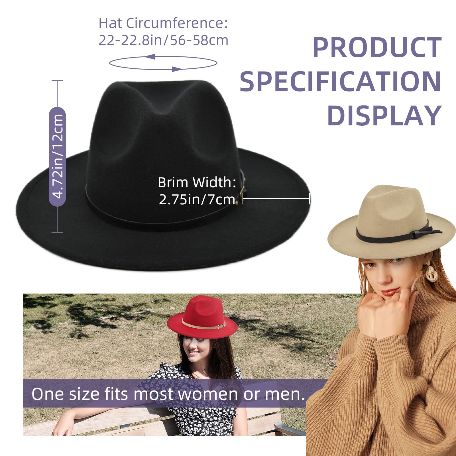 ReFeltidolom Fedora Hats for Men & Women, 3 Pack Classic Wide Brim Fedora Hat with 6 Belt Buckles