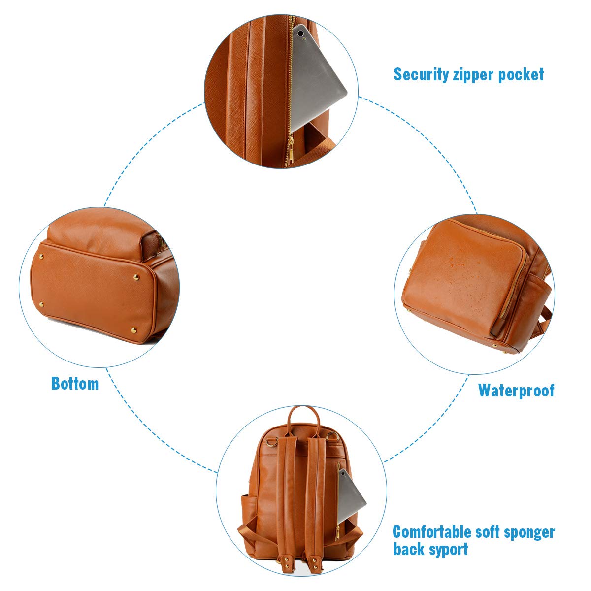 KZNI Pu Leather Diaper Bag Backpack-Nappy Bag Baby Bags for Mom,Unisex Maternity Diaper Bag with Stroller Hanger|Thermal Pockets|Adjustable Shoulder Straps|Water Proof|LargeCapacity|Brown