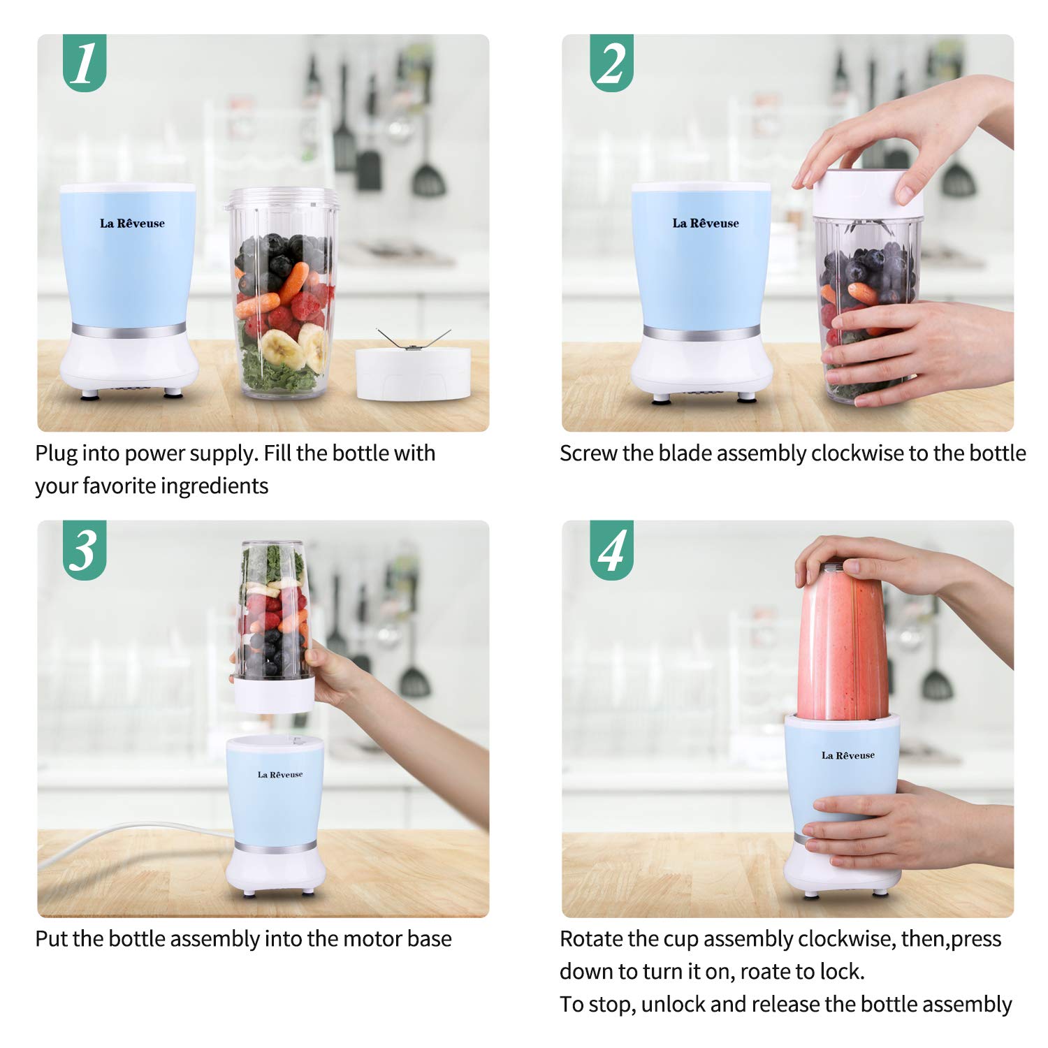 La Reveuse Personal Size Blender 250 Watts Power for Shakes Smoothies Seasonings Sauces with 1 Piece 15 oz Cup,1 Piece 10 oz Mug,BPA Free (Sky Blue)