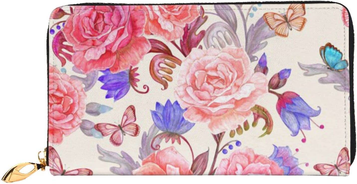Red Roses Leather Wallets for Women Mens Long Zipper Slim Wallets Checkbook Cover Clutch Coin Purse with 12 Card Slots