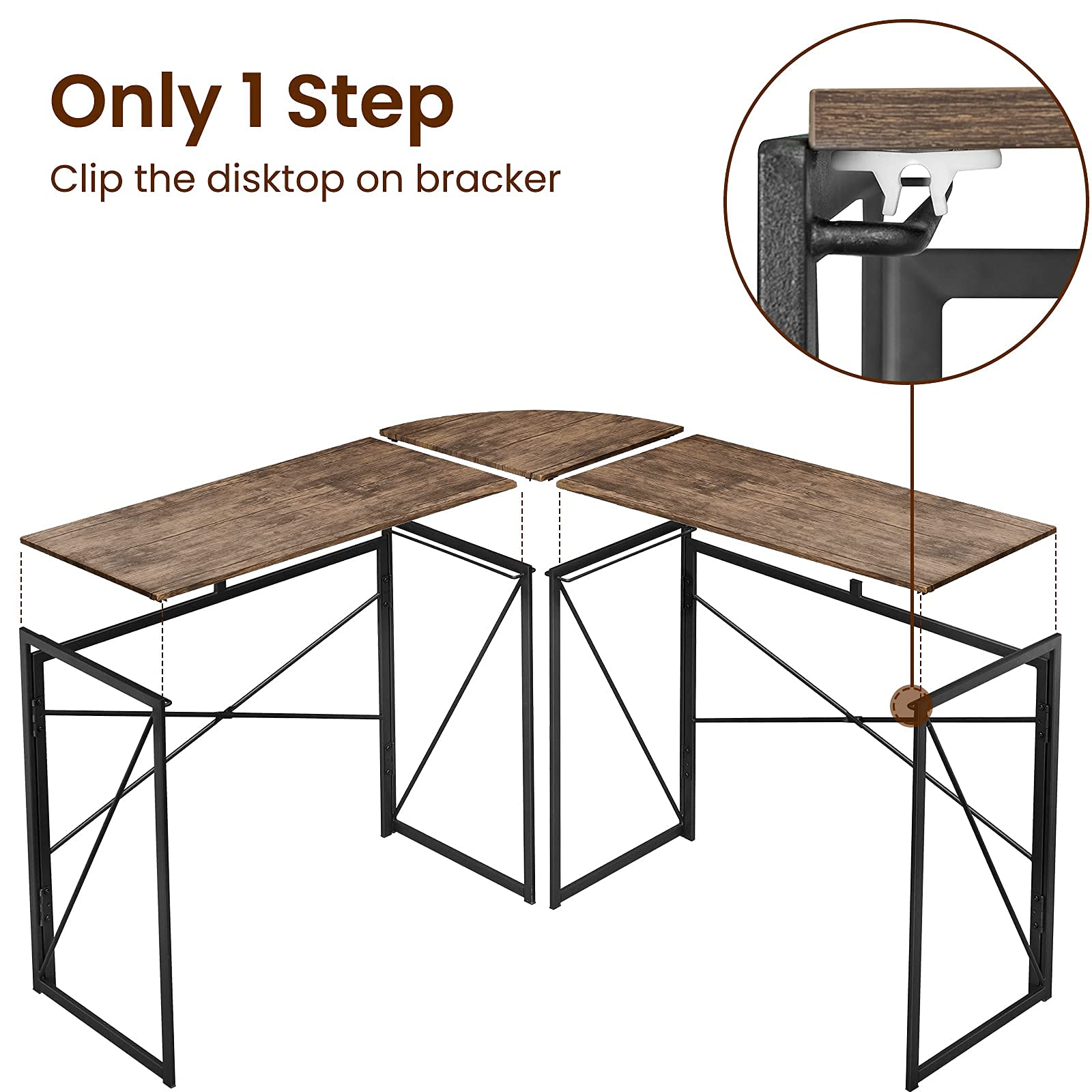L Shaped Desk Folding Gaming Desk Corner Computer Desk Home Office Workstation PC Writing Table with Large Desk Top, Space-Saving, No Need to Assemble, Brown