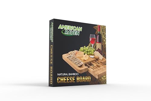 Organic Bamboo Cheese Charcuterie Cutting Board with Cutlery & Knife Set, Includes 4 Stainless Steel Serving Utensils, Wooden Serving Tray for Meat Platter, Fruit & Crackers