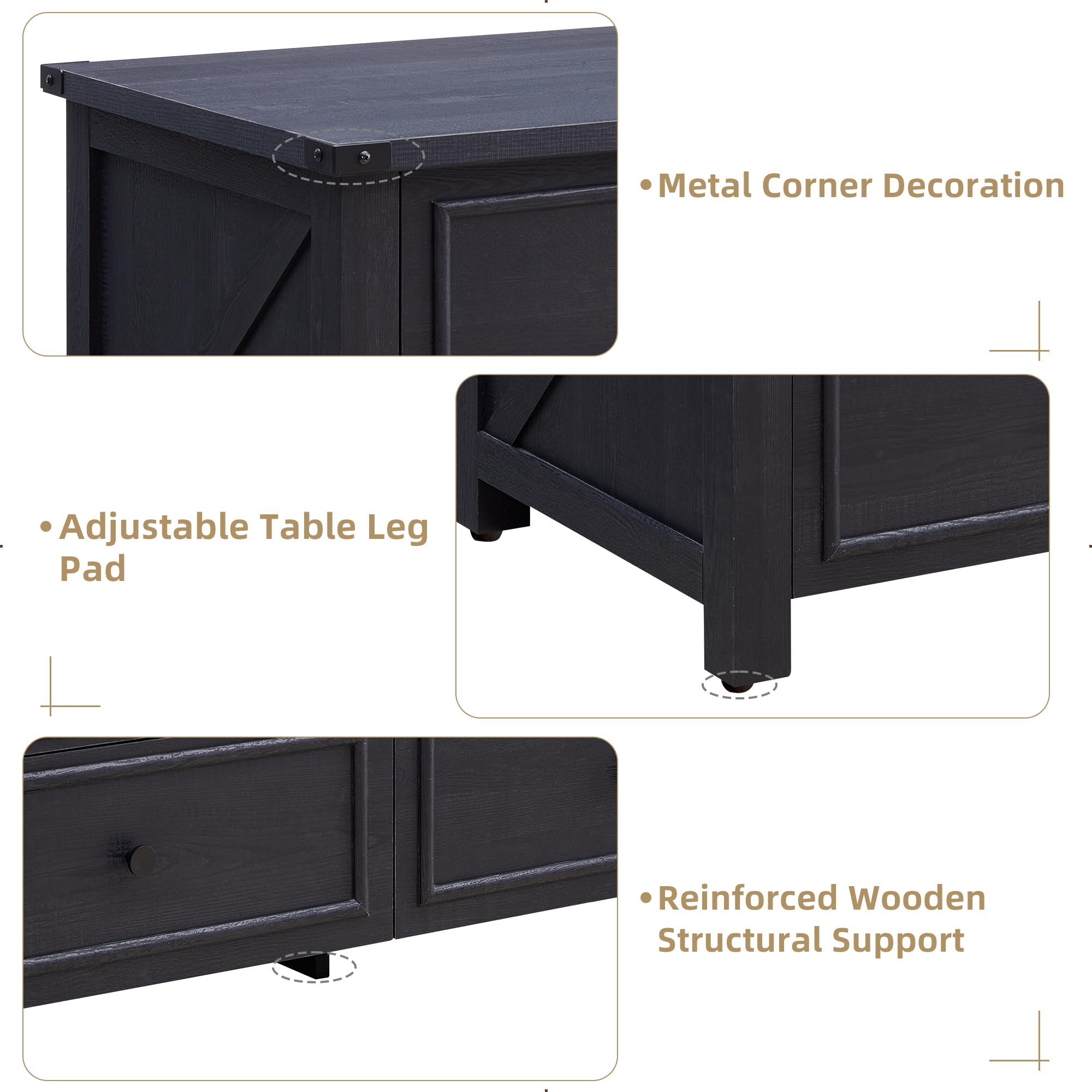 JXQTLINGMU 48” Farmhouse Coffee Table with 4 Large Storage Drawers, Modern Center Table with Barn Door for Living Room, Office, Rustic Rectangle Cocktail Table(Black)