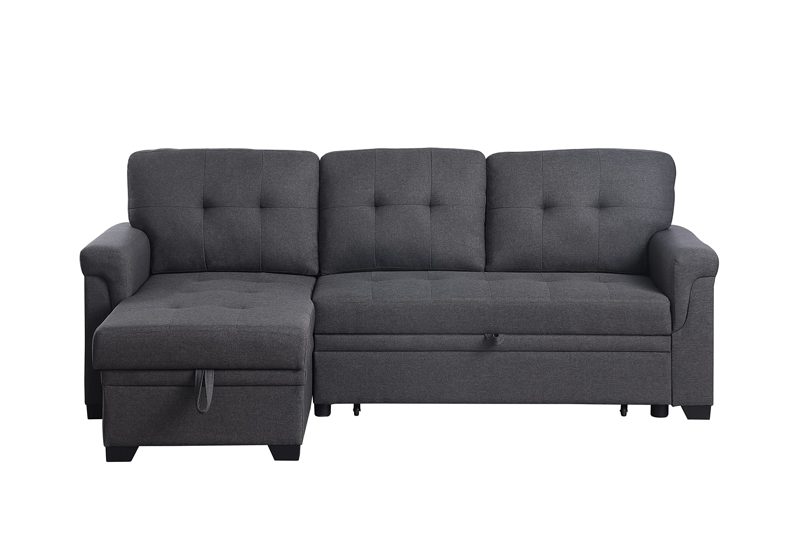 L-Shape Convertible Sleeper Sectional Sofa with Storage Chaise and Pull-Out Bed, Linen Upholstered Reversible Corner 3 Person Couch, for Living Room, Apartment, 84, Dark Gray-4