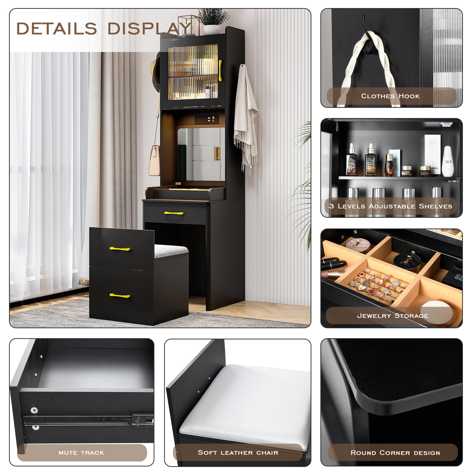 JDPAG 3-in-1 Vanity Desk with Mirror and Lights, Makeup Vanity Table with Cushioned Stool, Compact Dressing Table Writing Desk for Small Spaces, Vanity Set for Bedroom