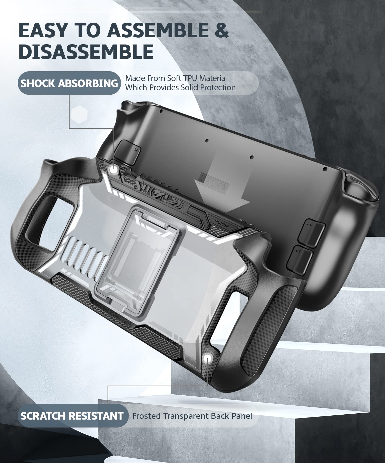 Mumba Blade Series Case for Steam Deck / Steam Deck OLED with Kickstand, TPU Grip Shock Protective Cover Accessories, Heat Dissipation Friendly, Anti-Slip & Anti-Scratch Protector (Black)