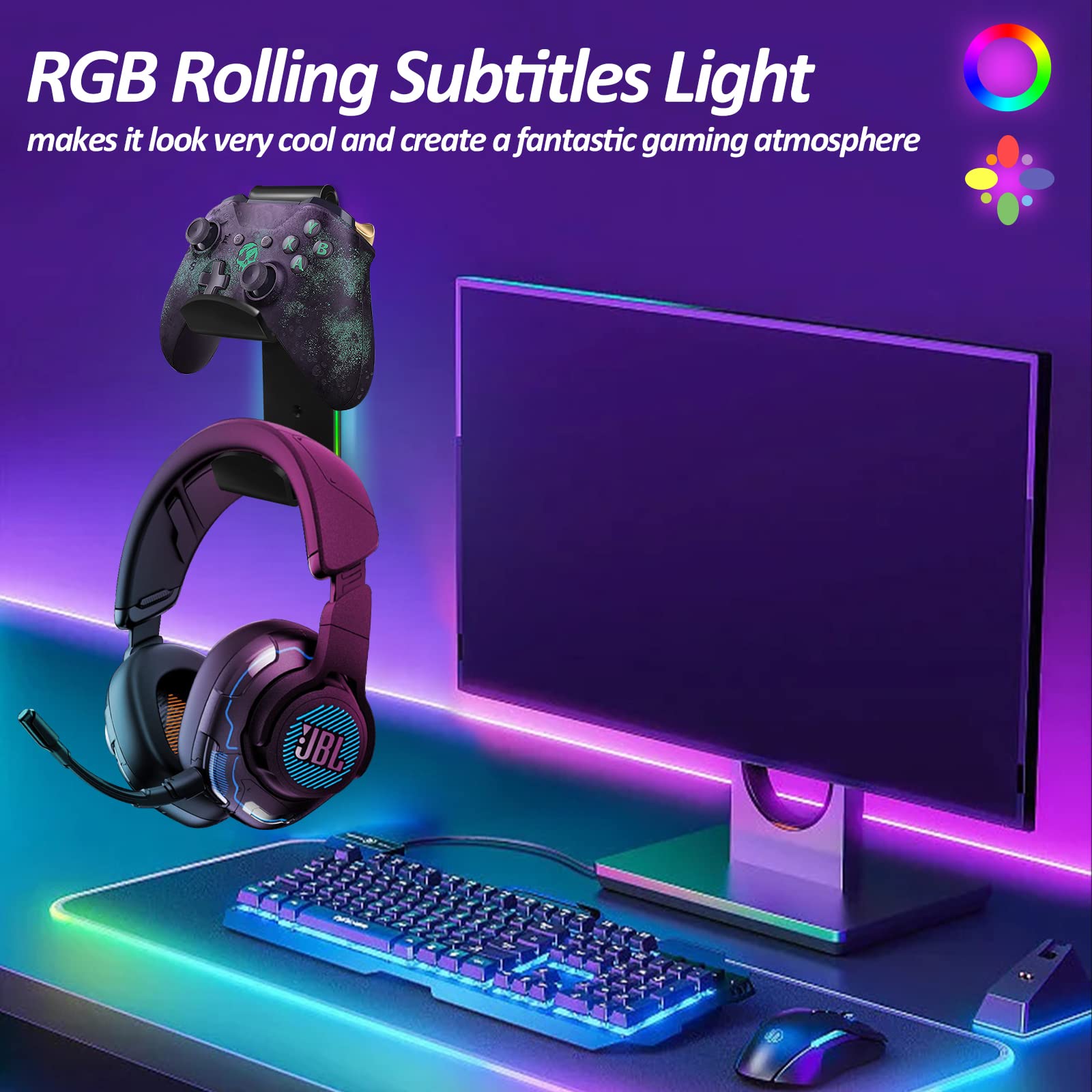 RGB Game Controller Charger & Headset Wall Mount Holder with 10 Lighting Modes & 2 USB Charger Ports, Gamepad & Headphone Hanger for Xbox, Xbox 360, PS3, PS4, PS5, Switch, Great for Gaming Stations, Fancy Desk Gamer Accessories