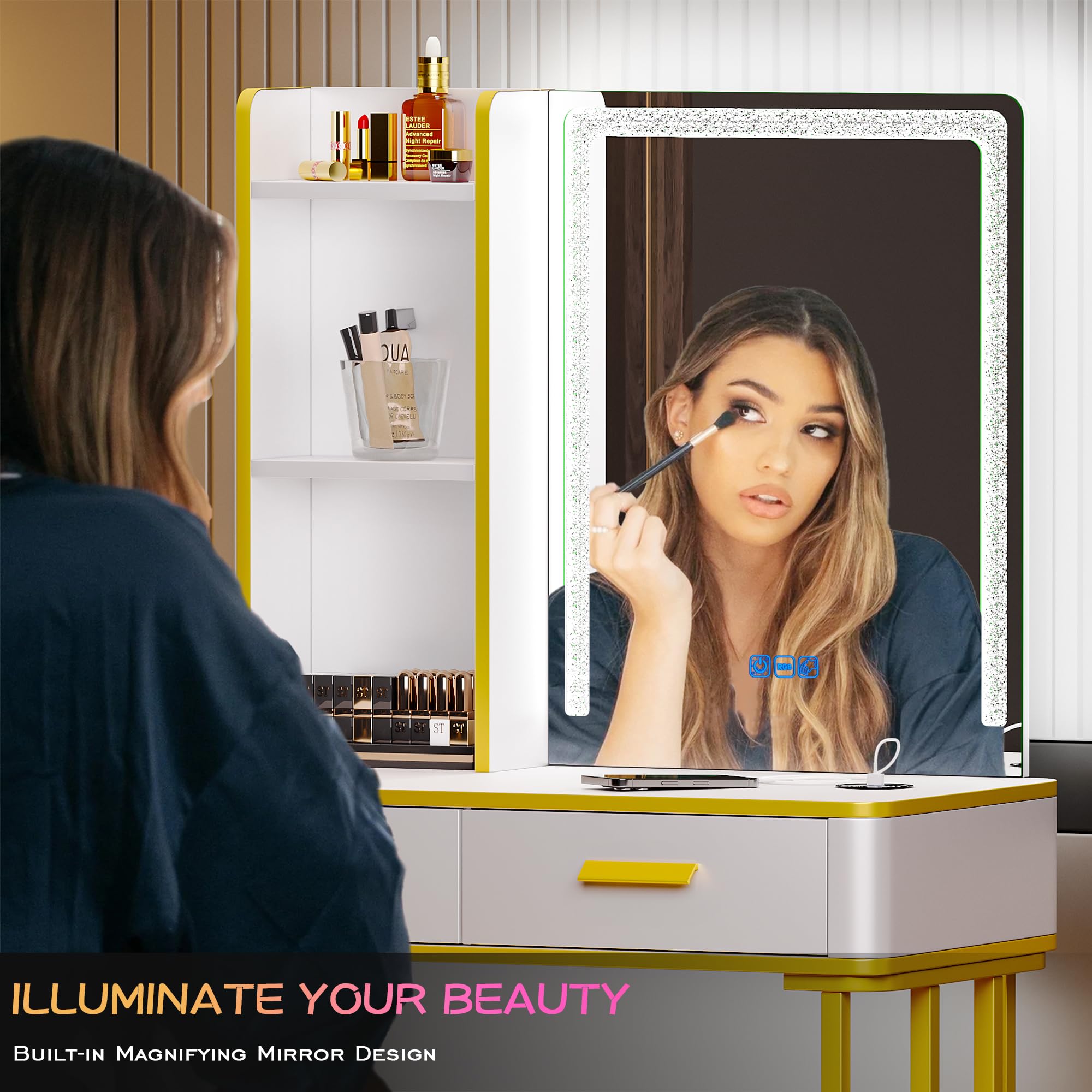 JDPAG RGB Makeup Vanity Set with Wireless Charging Station,Vanity Table with USB&Type-C Ports,7 Dynamic and 7 Static Dimmable Vanity Desk with Storage Shelf and Cushion Stool