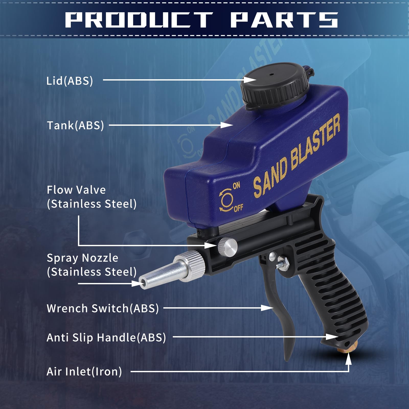 Ziopetru Sand Blaster Gun - Gravity Feed Sandblaster Gun for Metal, Wood Paint/Rust Removal and Glass Etching - Handheld Sand Blaster Gun for Air Compressor, Up to 70-150 PSI Blasting Media, Blue