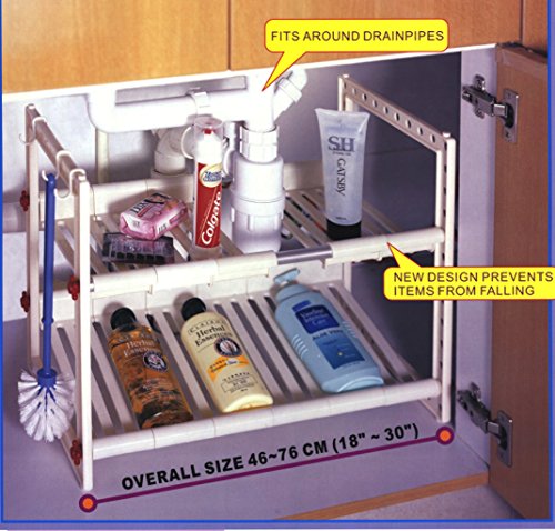 Our under sink storage shelf creates organization space, can custom fit both height and width, goes around pipes, and gets you organized