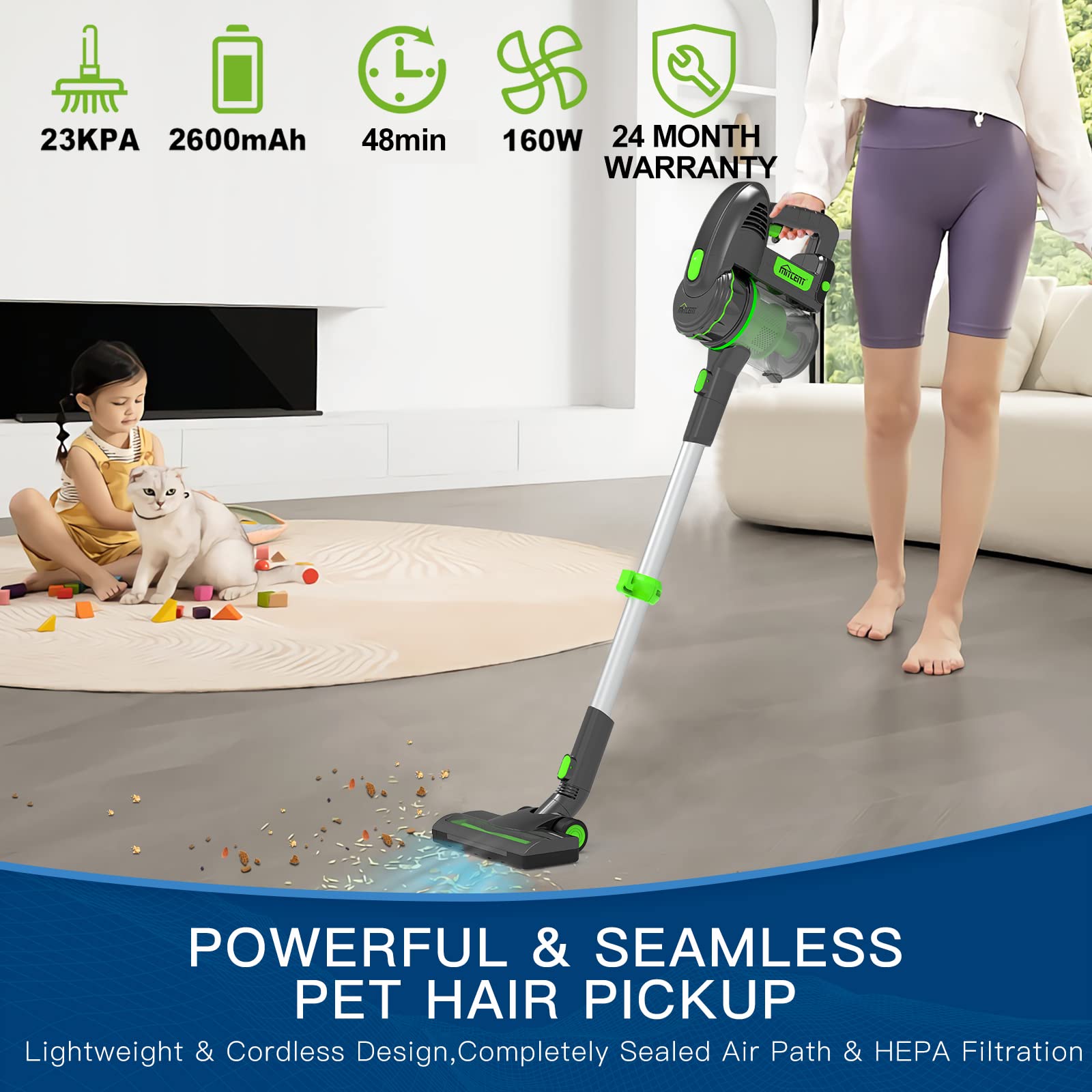 Mitcent Cordless Vacuum Cleaner with 2600mAh Rechargeable Lithium Batteries, Up to 48 Mins Runtime, for Home Hard Floor Carpet Pet Hair