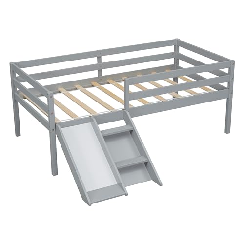 Twin Loft Bed with Slide, Twin Kids Loft Bed with Slide & Ladder, Wood Low Loft Bed Frame with Safety Guardrails, Sturdy Slat Support, Twin Kid Bed Low Loft Bed for Kid, Boys Girls, Grey
