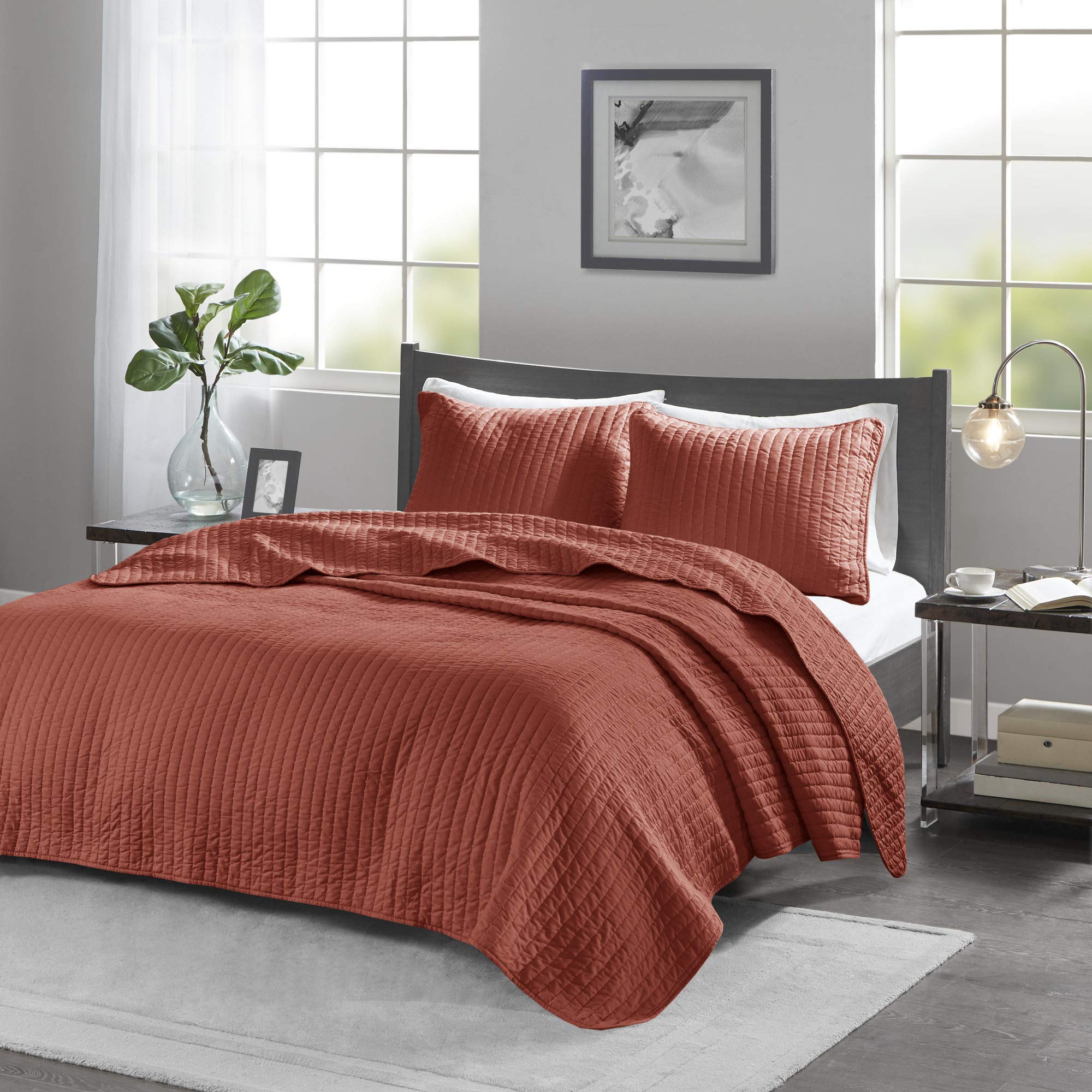 Madison Park Keaton Quilt Set-Casual Channel Stitching Design All Season, Lightweight Coverlet Bedspread Bedding, Shams, Full/Queen(90"x90"), Stripe Spice 3 Piece