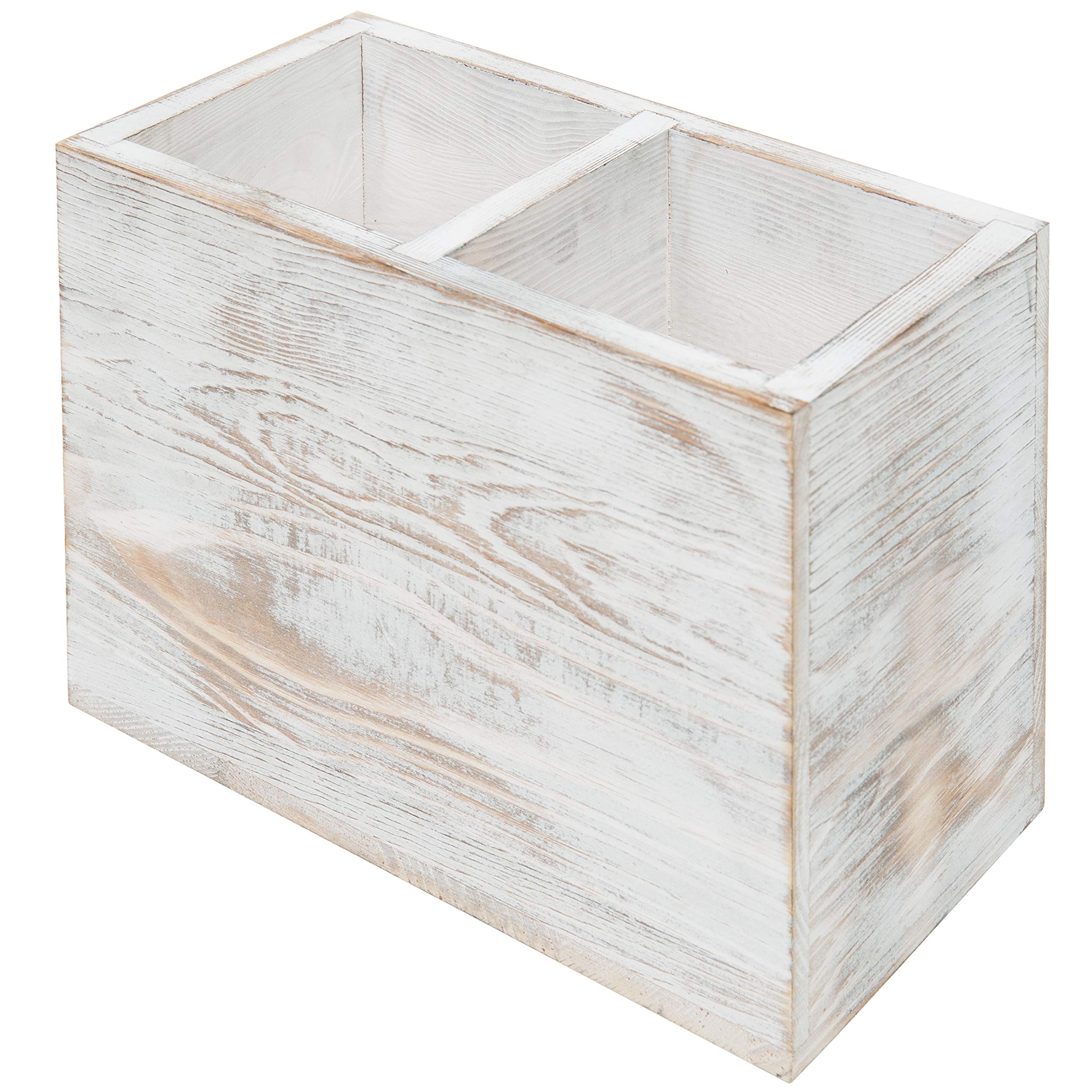 MyGift Whitewashed Wood Kitchen Utensil Holder Organizer, Countertop Flatware Silverware Cooking Utensil Crock Storage Caddy with 2 Compartments