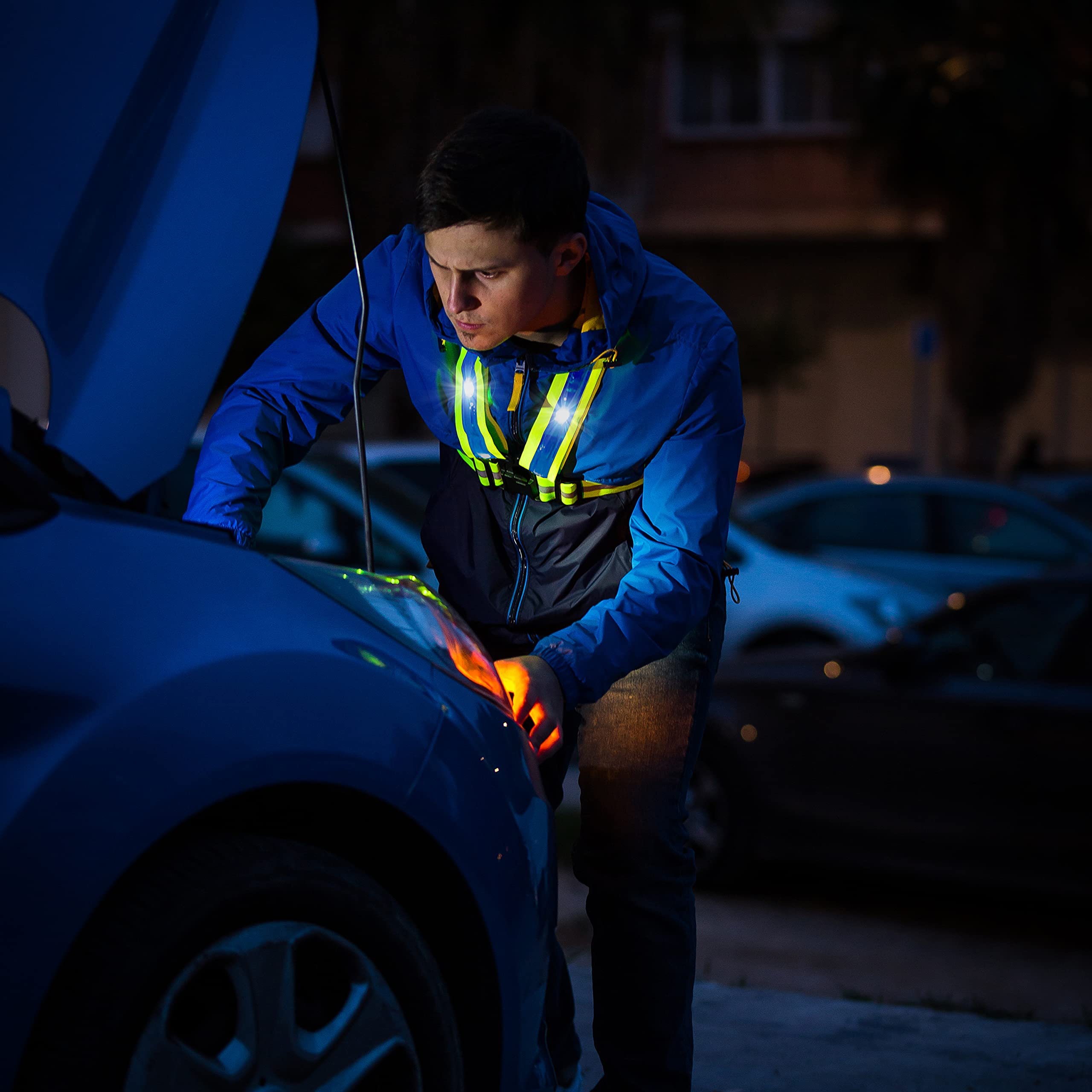 LED Reflective Vest for Running or Cycling USB Rechargeable, High Visibility Safety Vest for Construction, Running Lights for Runners, Motorcycle Vest, Adjustable Reflective Running Gear (Neon Green)