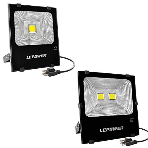 LEPOWER LED Flood Light Outdoor, Super Bright Work Light Plug in, Halogen Bulb Equivalent, 6000K, IP66 Waterproof, Outdoor LED Lights Fixture for Backyard, Garden, Garage, Playground