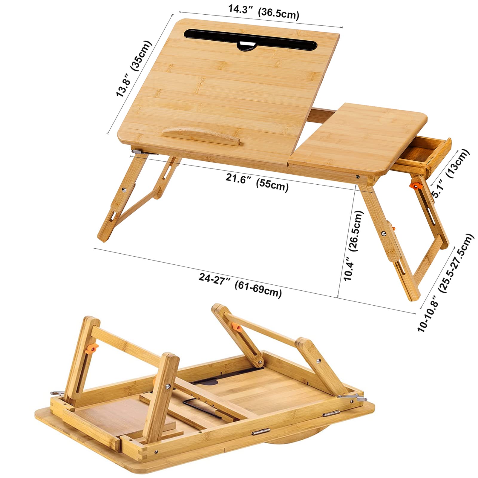 Lap Desk, DELAM Foldable Bamboo Laptop Bed Desk, Adjustable Height Breakfast Serving Bed Tray Table with Tilting Top Storage Drawer for Work Office Bedroom Reading Writing Eating