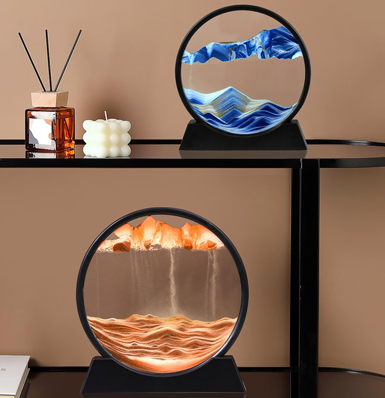 MUNSCVUS Moving Sand Art Picture in Motion, Round Tempered Glass 3D Deep Sea Sandscapes with Display Flowing Sand Frame for Relaxing Desktop Home Office Work Décor for Kids Adults (Blue, 12inch)