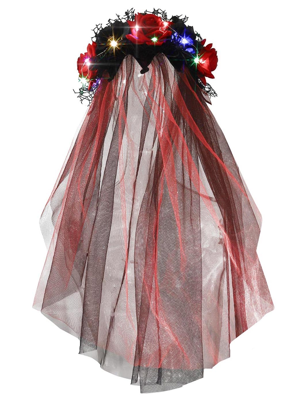 JEAIRTS Led Flower Crown Headband with Veil Day of the Dead Hair Bands Rose Mexican Floral Headpiece Gothic Costume Halloween Hair Accessories for Women and Girls