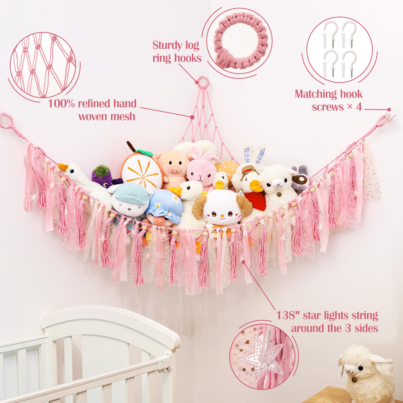 Lewondr Stuffed Animal Hammock, Dense Stuffed Animal Net or Hammock with Transitional Fringes, DIY Ribbons Great Decor Stuffed Animal Storage, 138'' Star Light String, 39'' x 39'' x 59, Pink