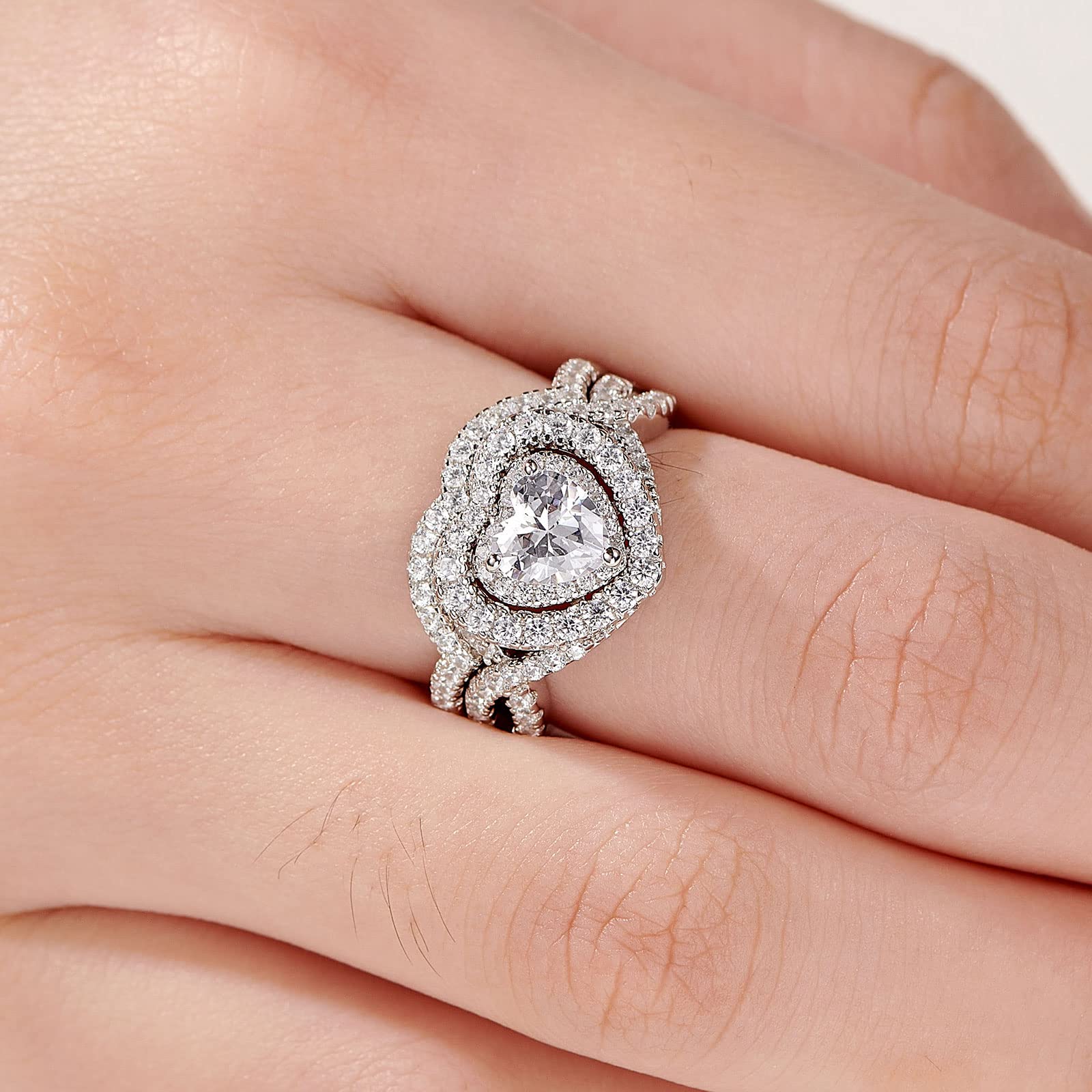 Newshe Wedding Rings for Women Engagement Ring Sets Sterling Silver Cz Pear Teardrop Oval Shape Size 4-13 (Heart Shape, 5)