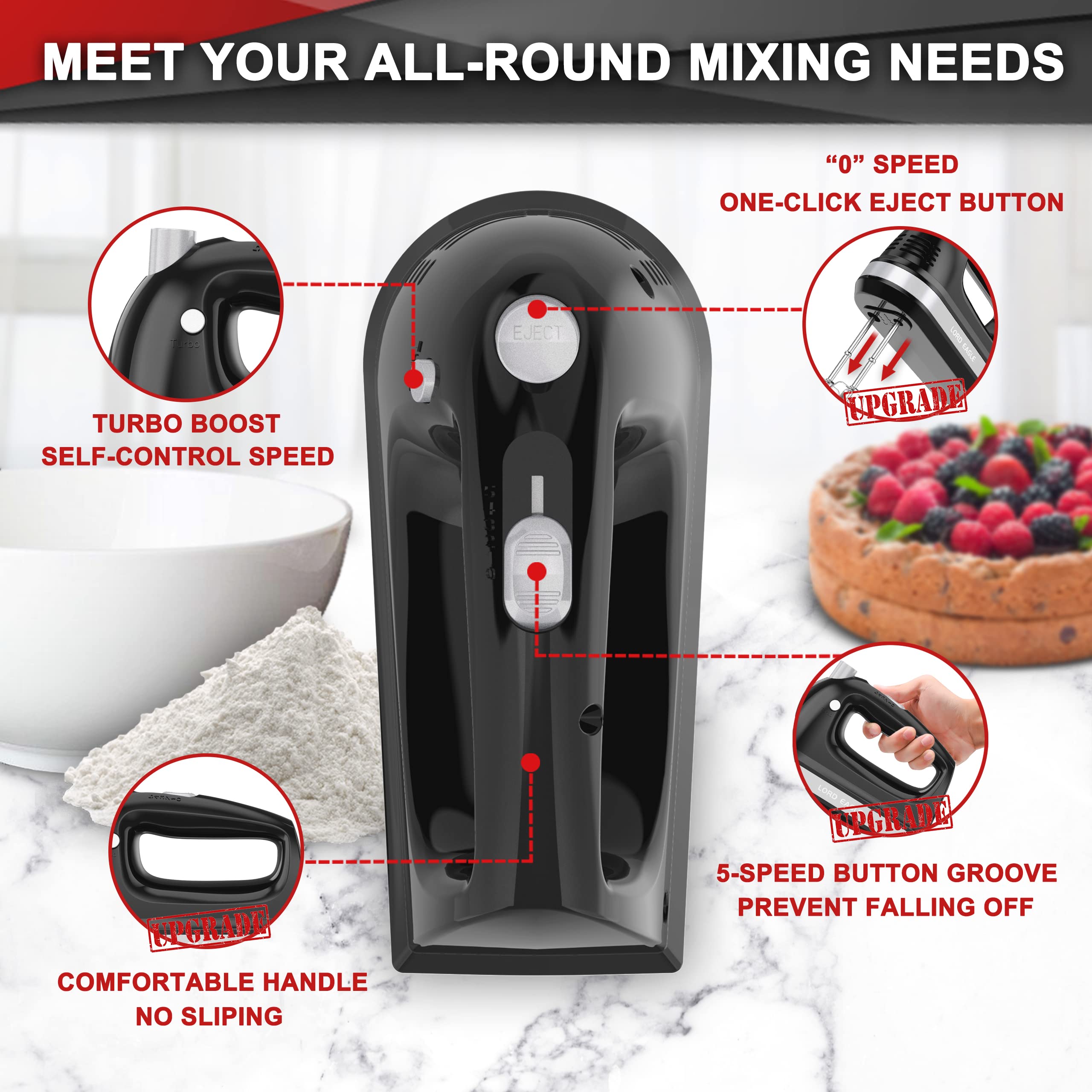 Lord Eagle Electric Hand Mixer Mini, 300W Power Handheld Mixer Kitchen for 5-Speed Baking Cake Egg Cream Food Beaters Whisk, with Snap-On Storage Case, Black